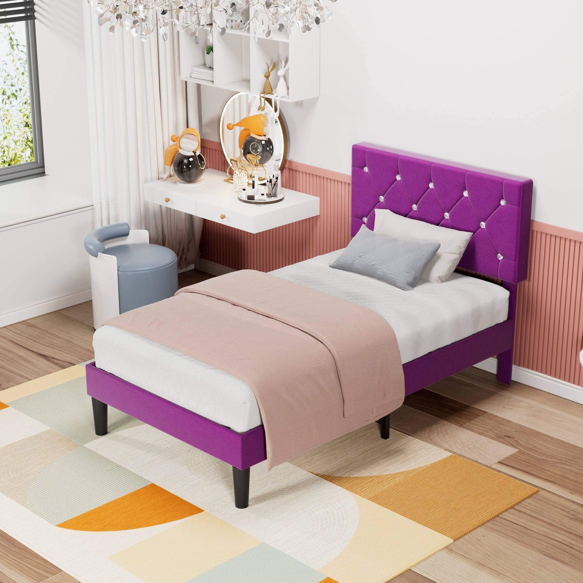 Vecelo Twin Bed Frame with Upholstered Headboard, Heavy Duty Wooden Bed ...