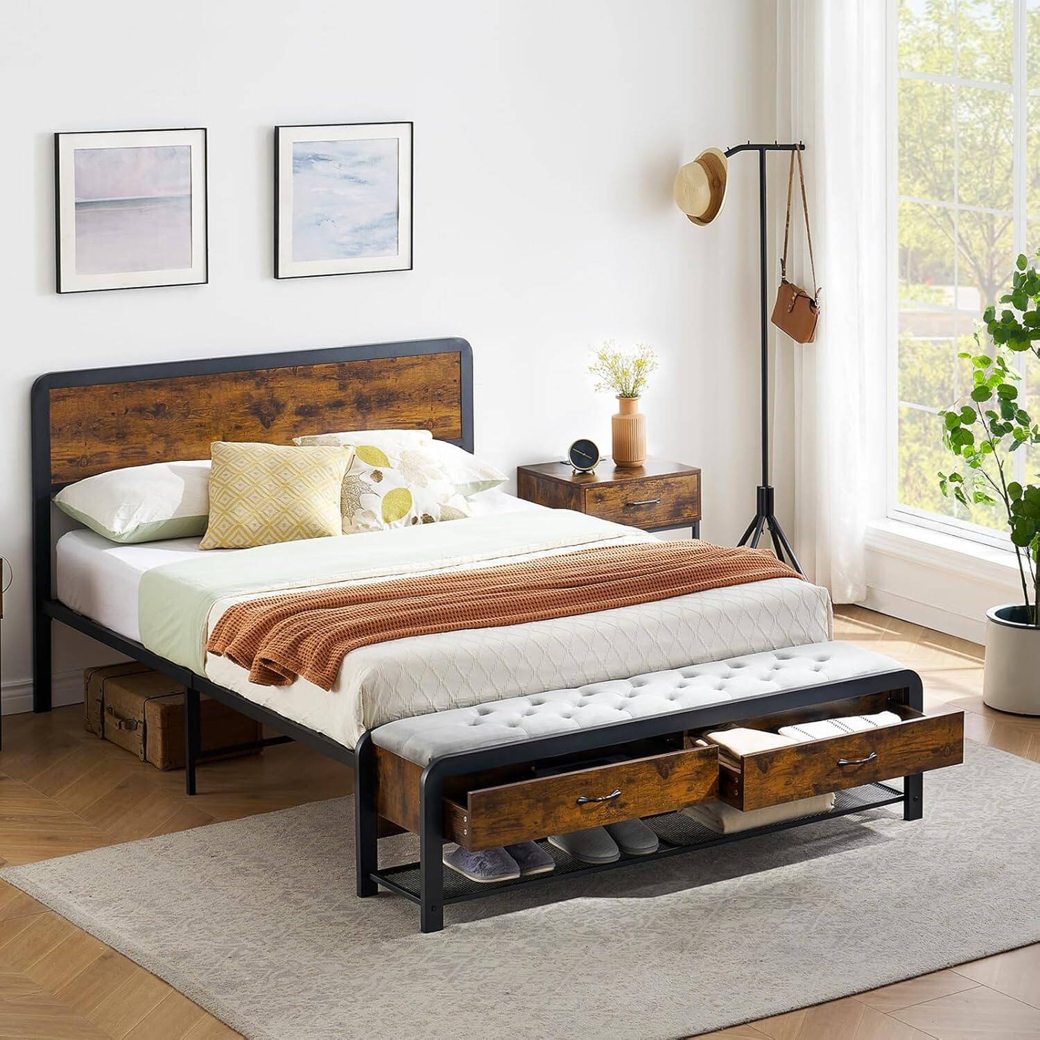 Jojoka Queen Platform Bed Frame with Ottoman Storage, Vintage Wood ...