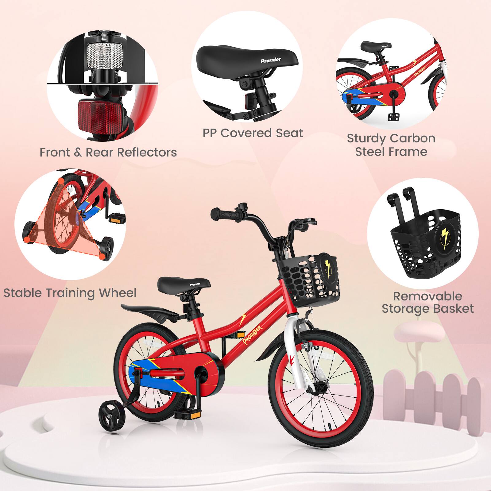 Costway 16" Kid's Bike with Removable Training Wheels & Basket for 4 7 Years Old Red ...