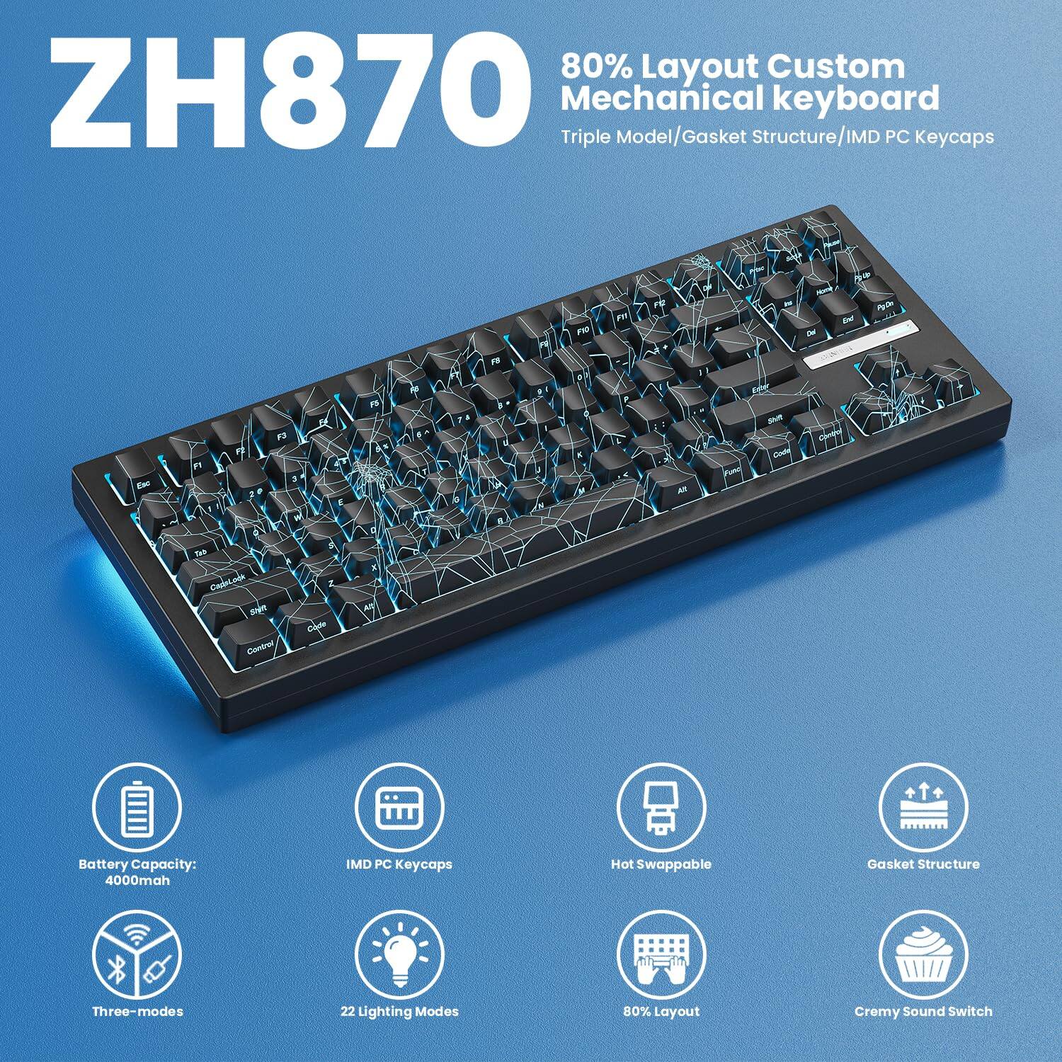 TECH SAFARI Zh870 Wireless Gaming Mechanical 80 Black Custom Creamy ...