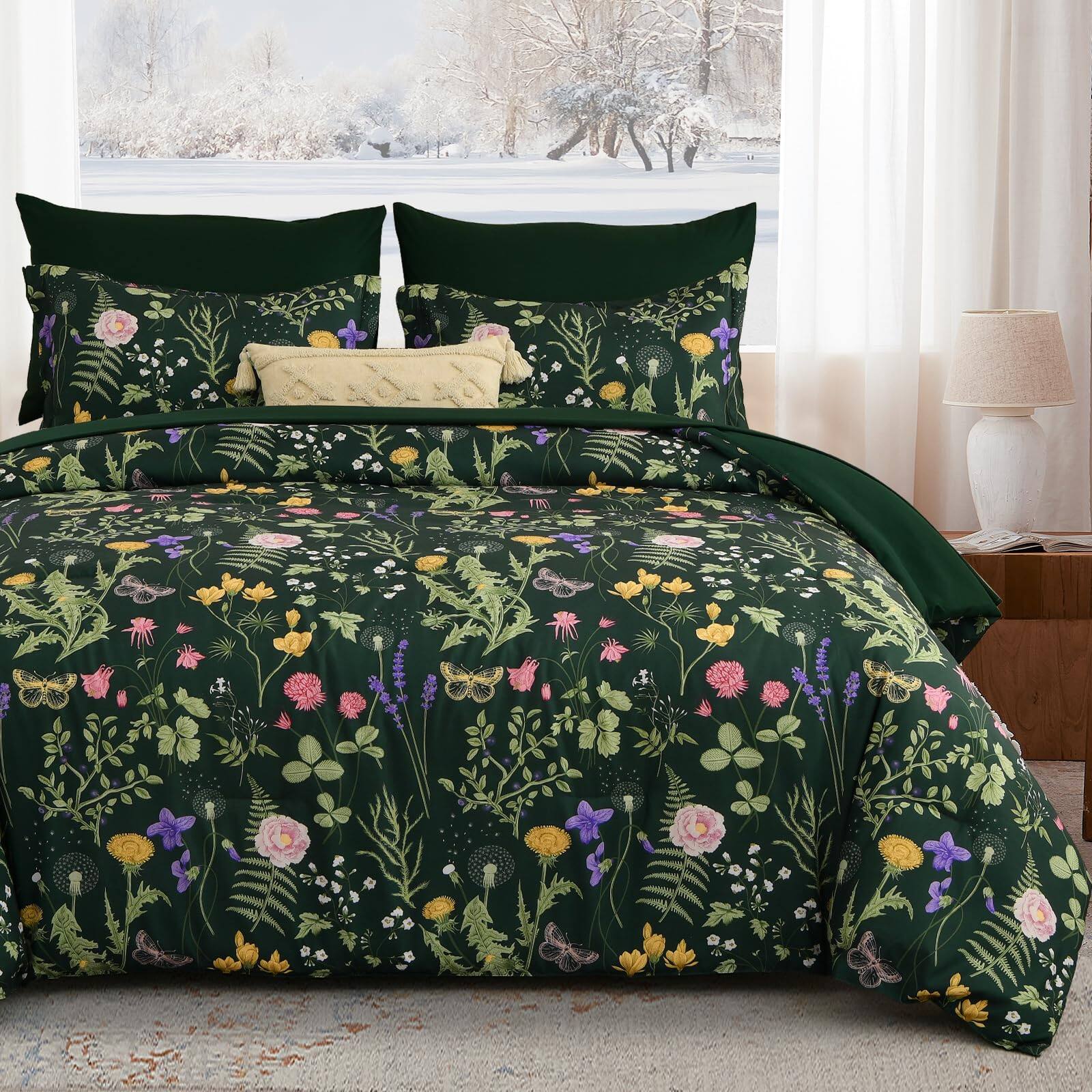 Dapper Styles Queen Comforter Set Dark Floral Bedding Bed In A Bag With ...