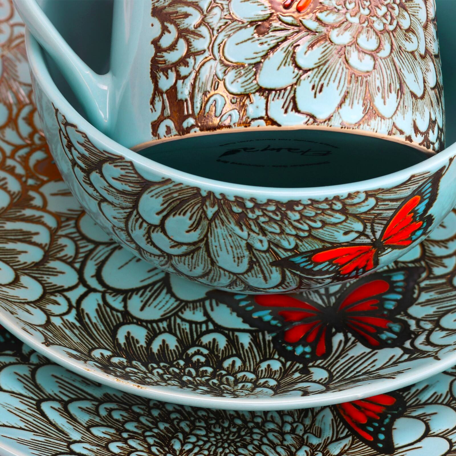 Elama Butterfly Garden 16 Piece Stoneware Dinnerware Set Blue and Red ...