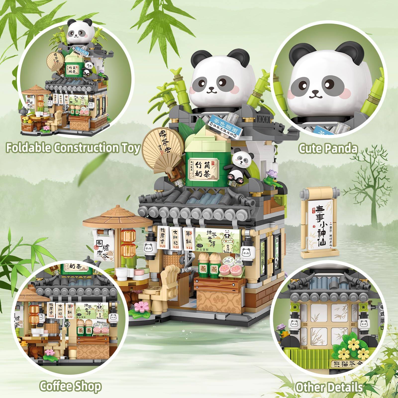 Leash Valley Street View Tea Shop Mini Building Blocks Moc Creative Toys Cute Panda Animals Set ...