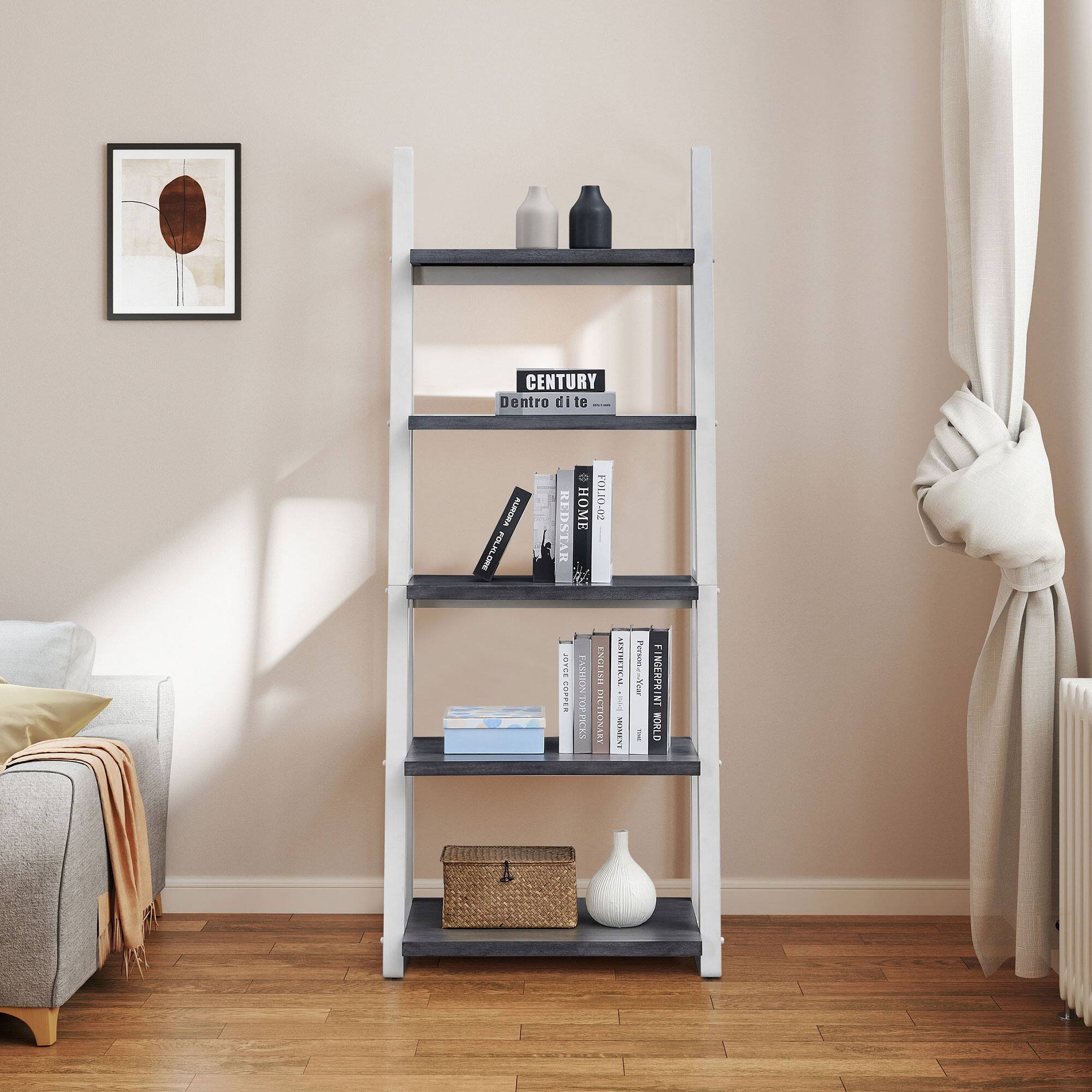 APRILSOUL 5 Tier Shelves,Bookshelf, Storage Rack, Bookcase with Rubber Wood Frame, Ladder Shelf ...