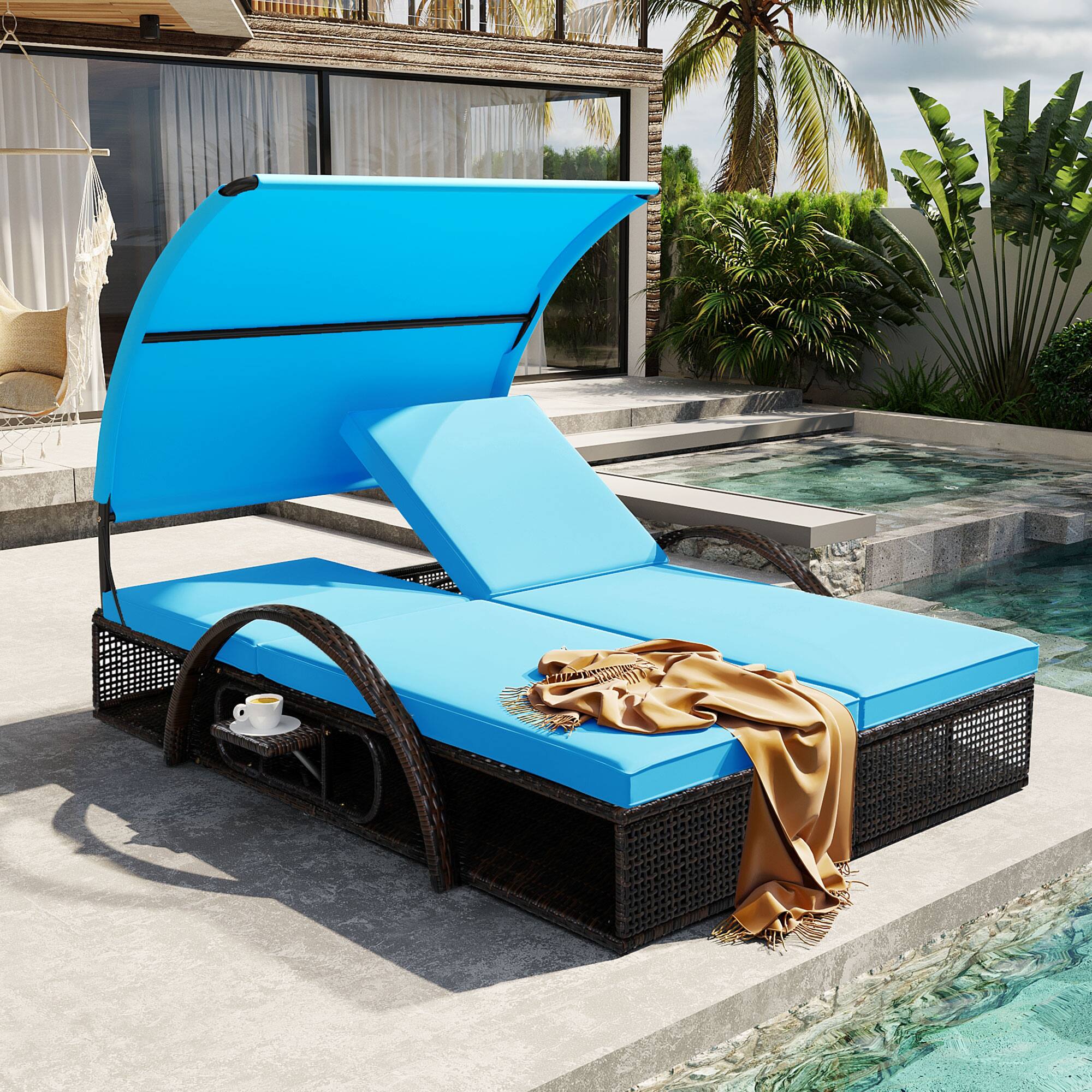 Whisen Outdoor Steel Frame Double Sun Lounger with Canopy, Adjustable ...