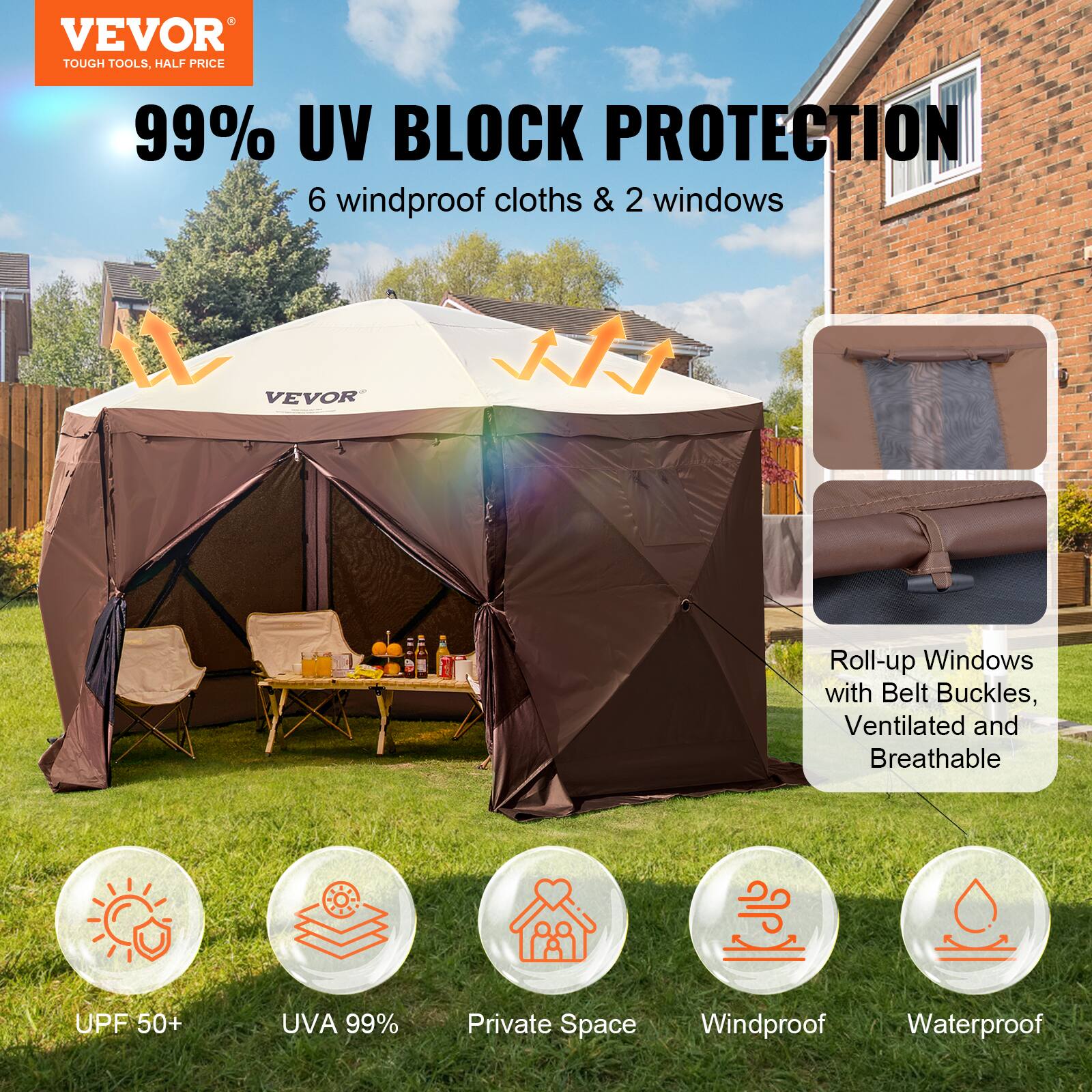VEVOR Pop Up Gazebo Tent, Pop Up Screen Tent 6 Sided Canopy Sun Shelter ...