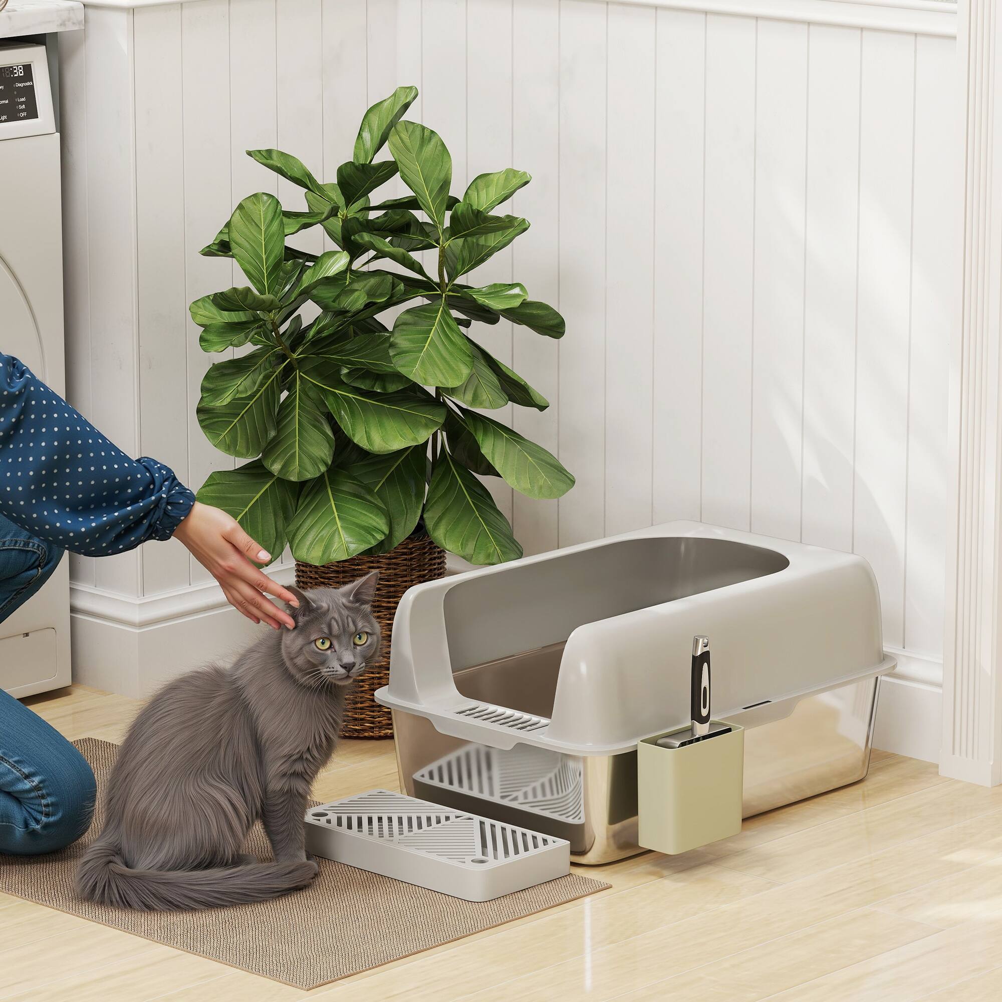 Pawhut Litter Box, Easy Clean Metal Litter Box with High Sided, Cat ...