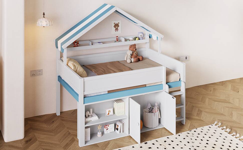 TinyHomie Full Size Loft Bed with Canopy Roof and Storage Cabinet White ...