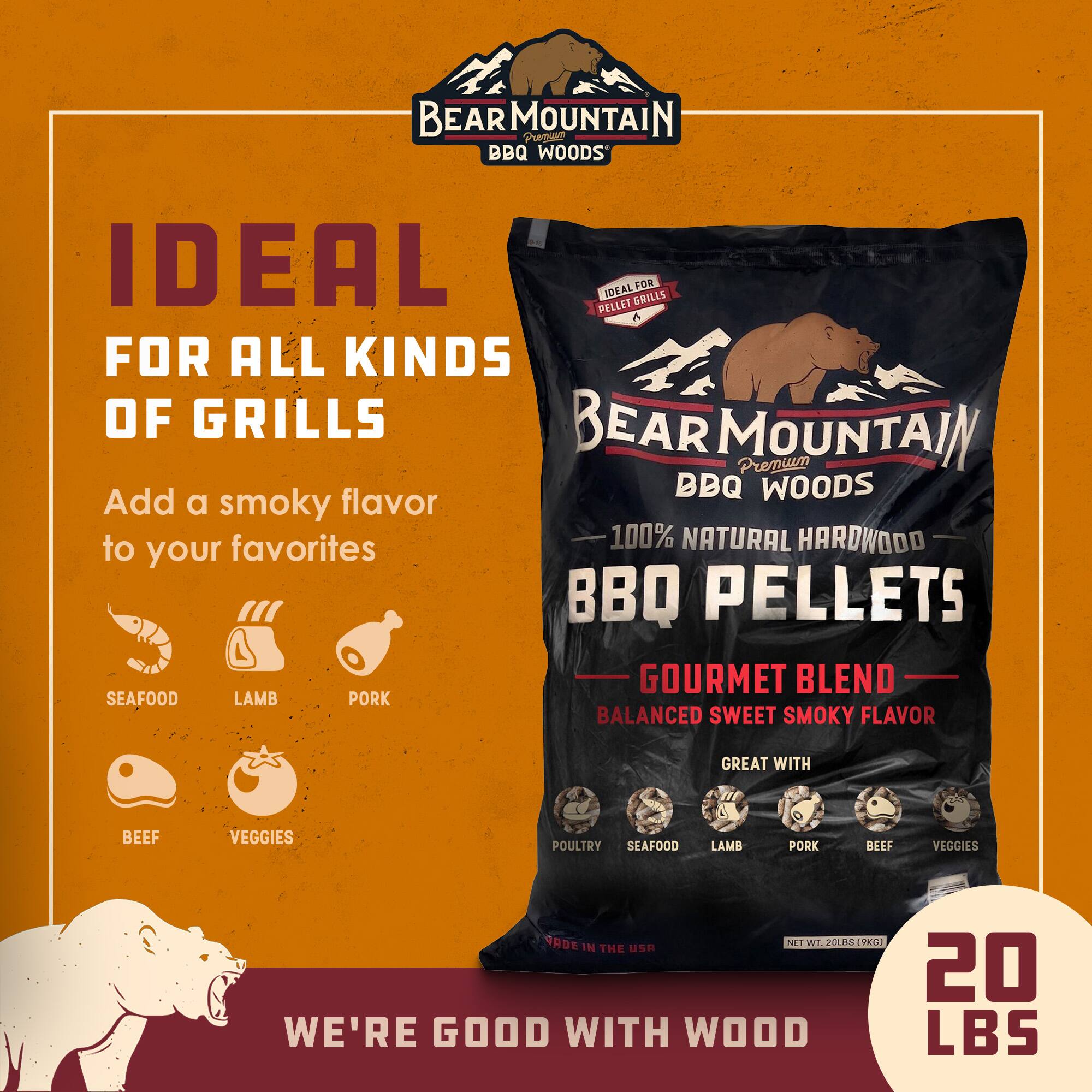 Bear Mountain BBQ Natural Hardwood Gourmet Blend Smoker Pellets, 20 lbs ...