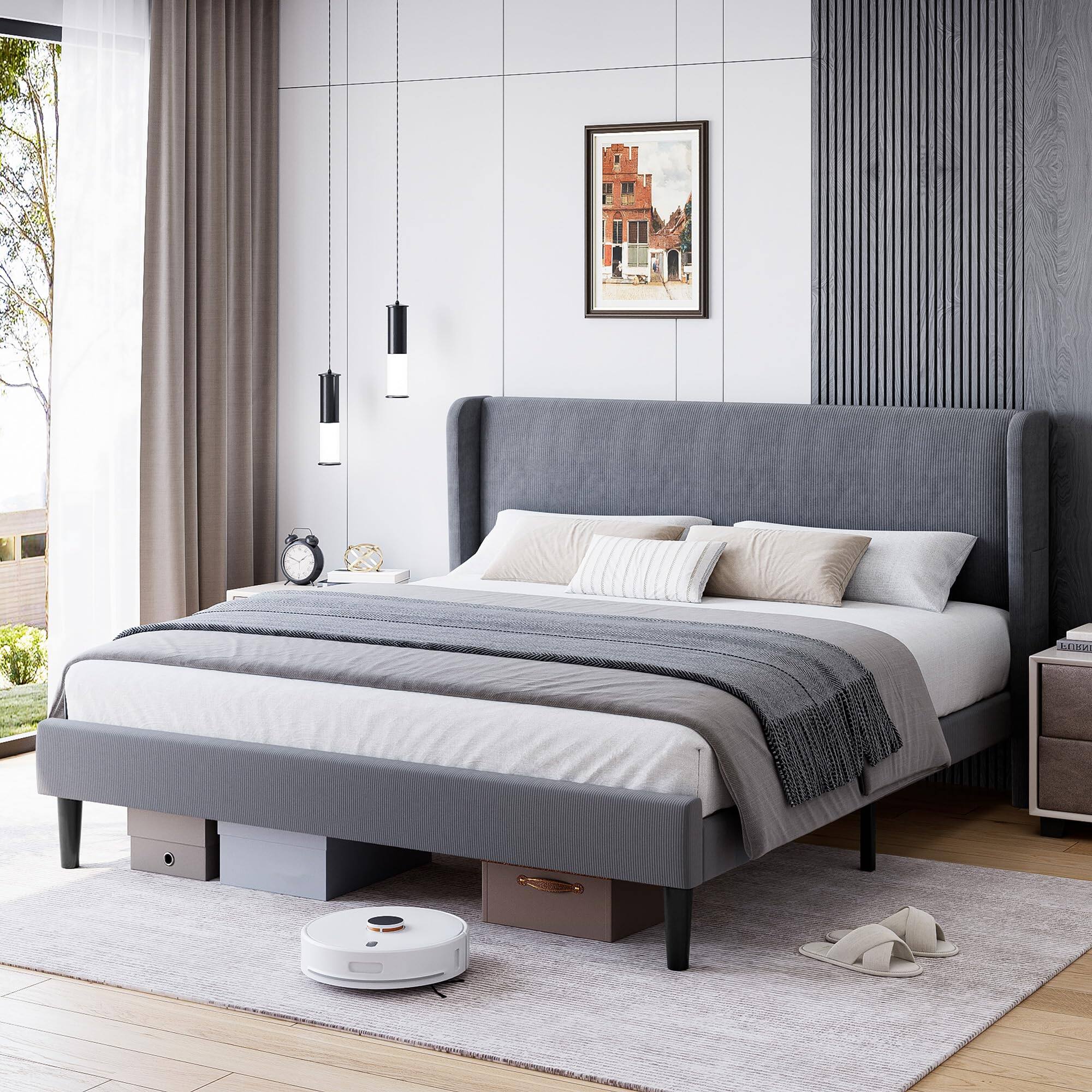 Jojoka King Upholstered Bed Frame with Wingback Headboard, Luxurious Velvet Upholstery Platform ...