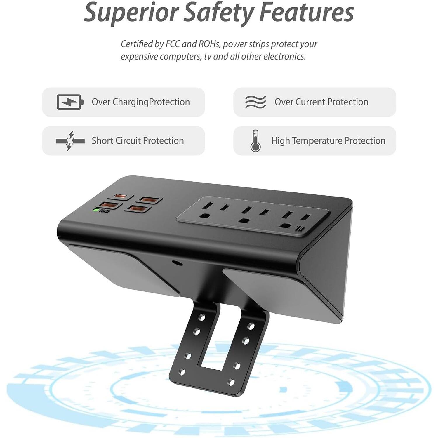 PARKER SLATER Desk Clamp Power Strip with 3 Outlets, 4 USB Ports (1 PD ...