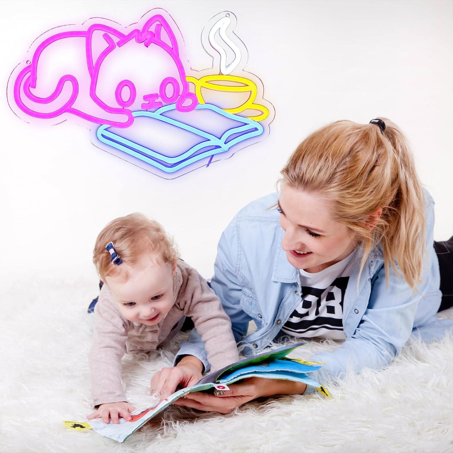 Auledio Cat Reading Book Neon Sign for Wall Decor, Cute Cat Led Signs ...