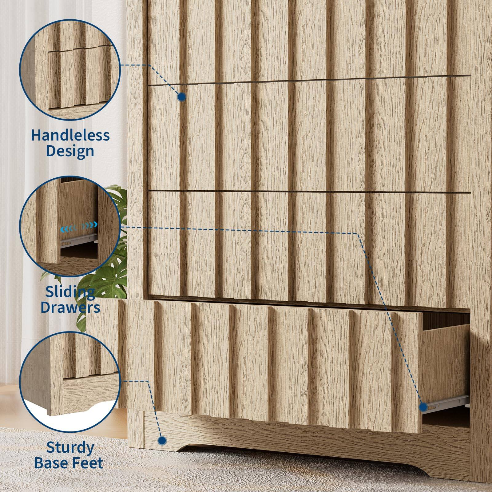 Acekool Modern Fluted Dresser for Bedroom with Drawers,Wooden Chest of ...