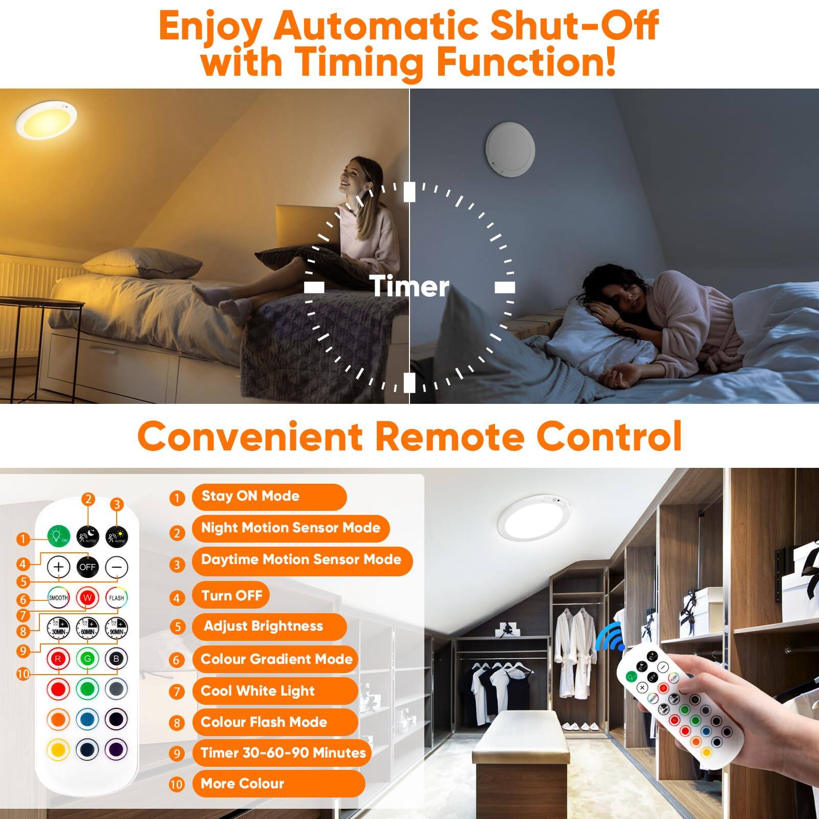 VEGA AUTOMOTIVE Rechargeable Motion Sensor Ceiling Light With 12 Rgb ...