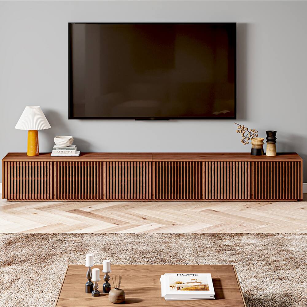 POVISON 118" Modern Wood TV Stand, Minimalist Slatted Entertainment ...