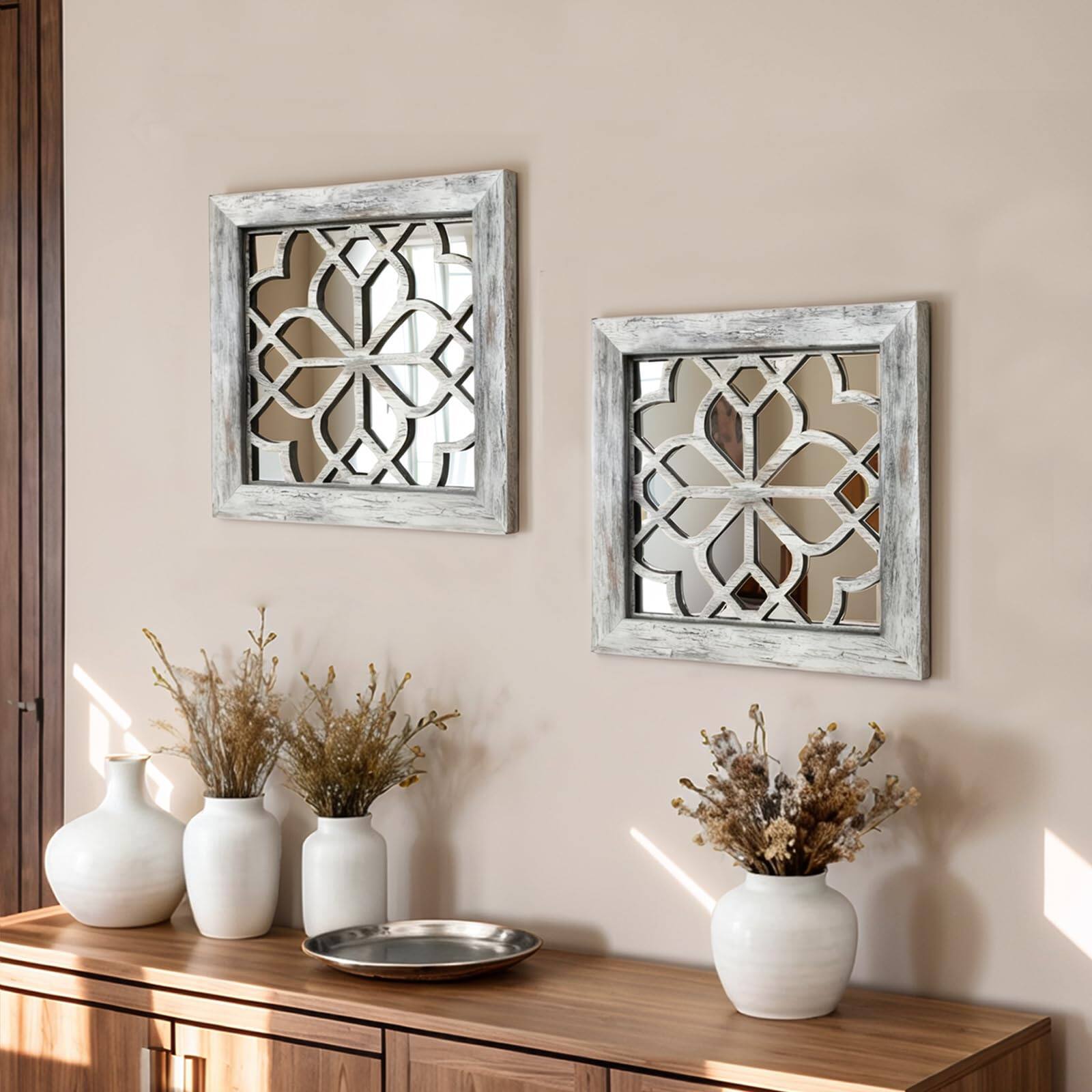 Cedar Assembly Boho Square Wall Mirrors Set Of 2 12" X12'decorative For ...