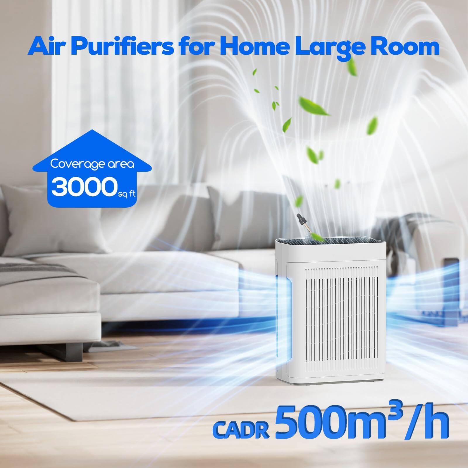 GlowWise Air purifier (3000 sq ft) with washable H13 HEPA filter, dual intakes, PM2.5 sensor ...