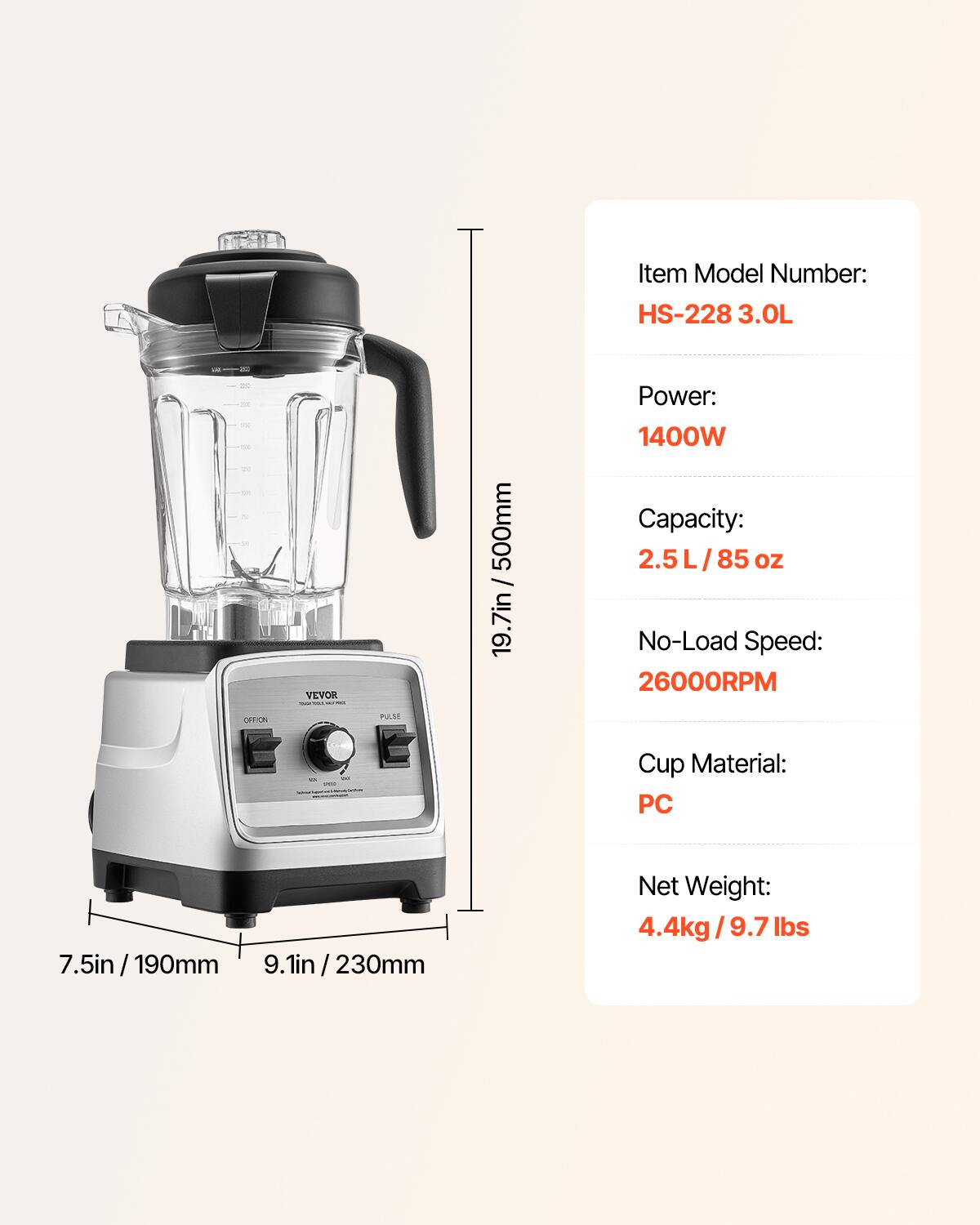 VEVOR Blender for Smoothies, 85 oz 1400W, Professional Blender with ...