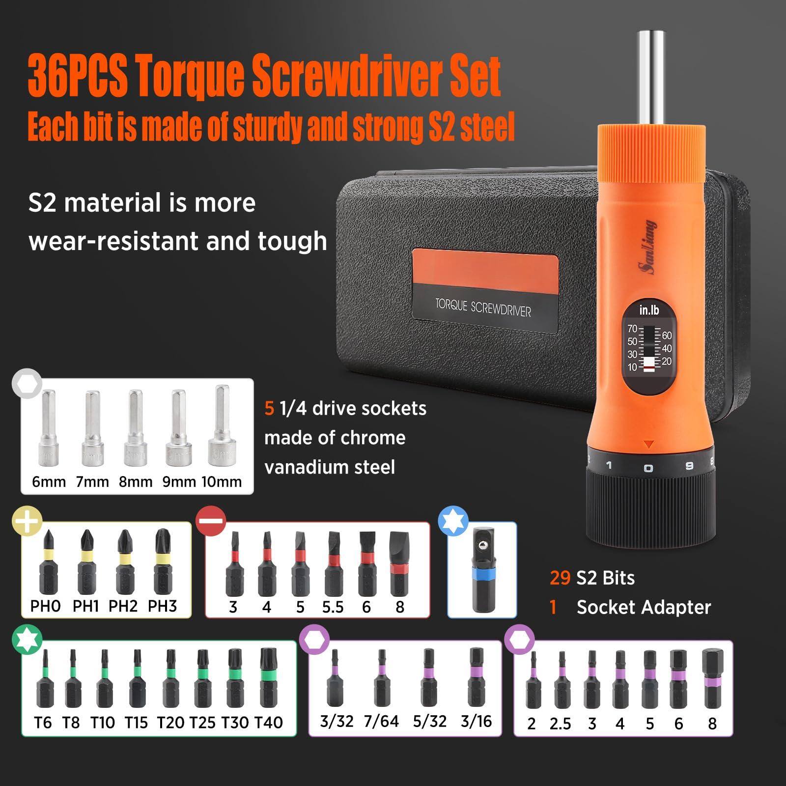 JETRANSPORT 36pcs Torque Wrench Driver Set 10 70 Inch Pounds Lbs With ...