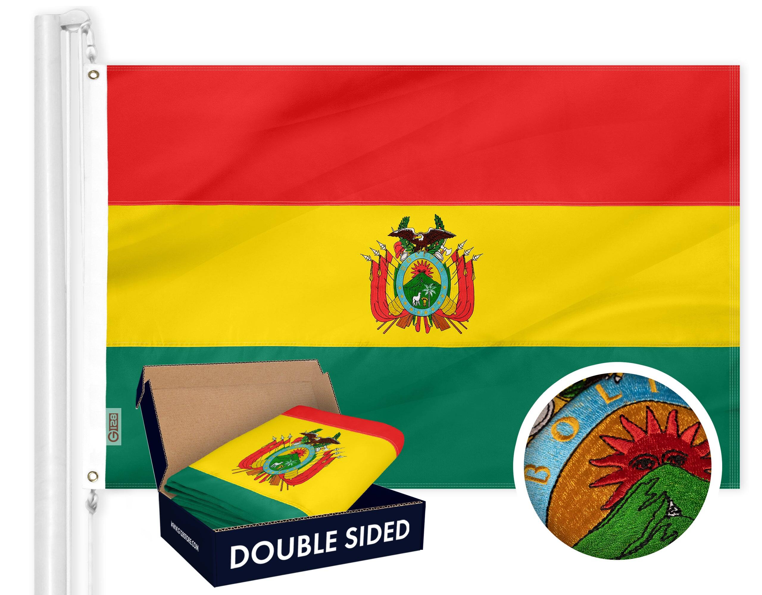 G128 Bolivian Flag, 3 x 5 ft Double Sided Embroidered Polyester with ...