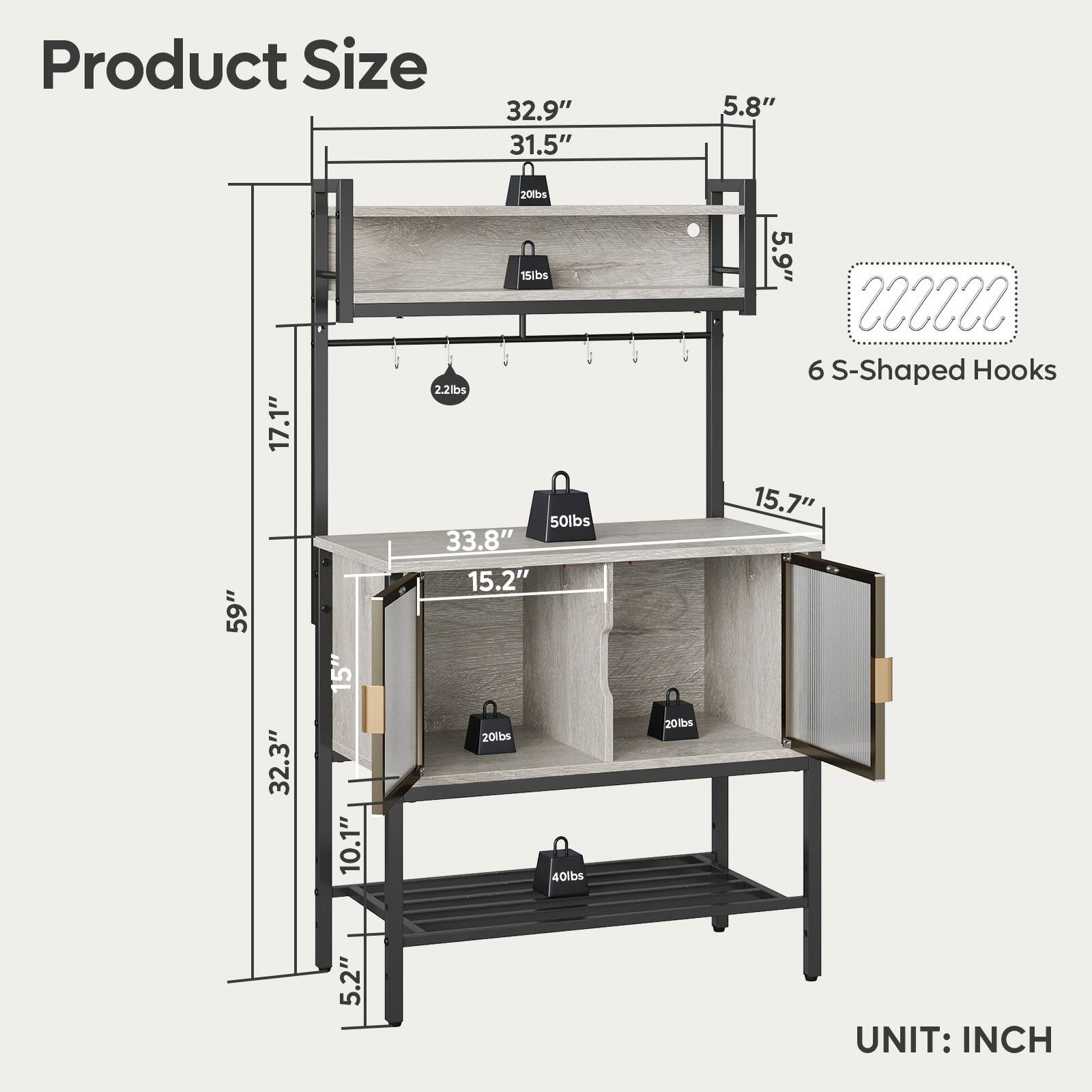 Bestier 59" Coffee Bar Station with LED Lights 5 Tier Kitchen Baker's Rack with Storage Cabinels ...