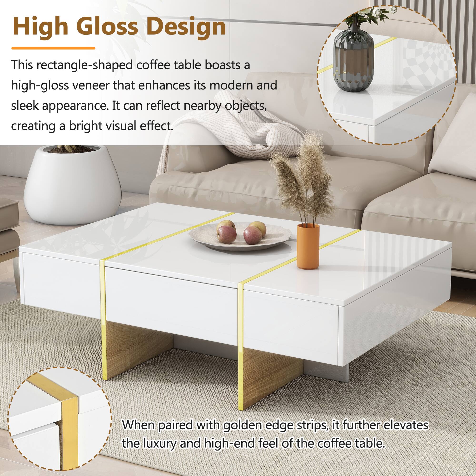 Tiramisubest Minimalist High Gloss Coffee Table with 2 Drawers,Multi ...