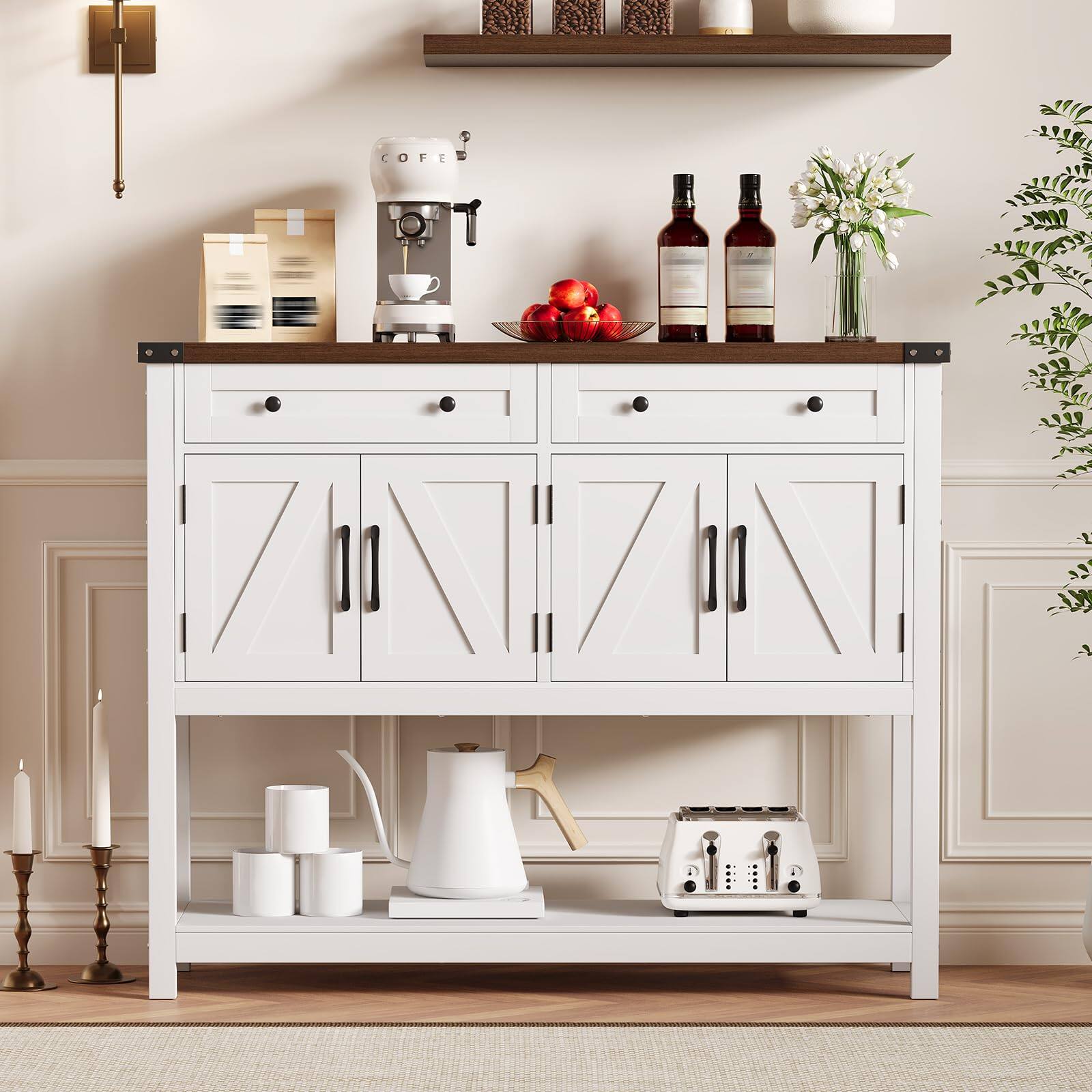 Jojoka 47.2" Sideboard Buffet Cabinet with 4 Doors, 2 Drawers & Open Shelves, Farmhouse Coffee ...