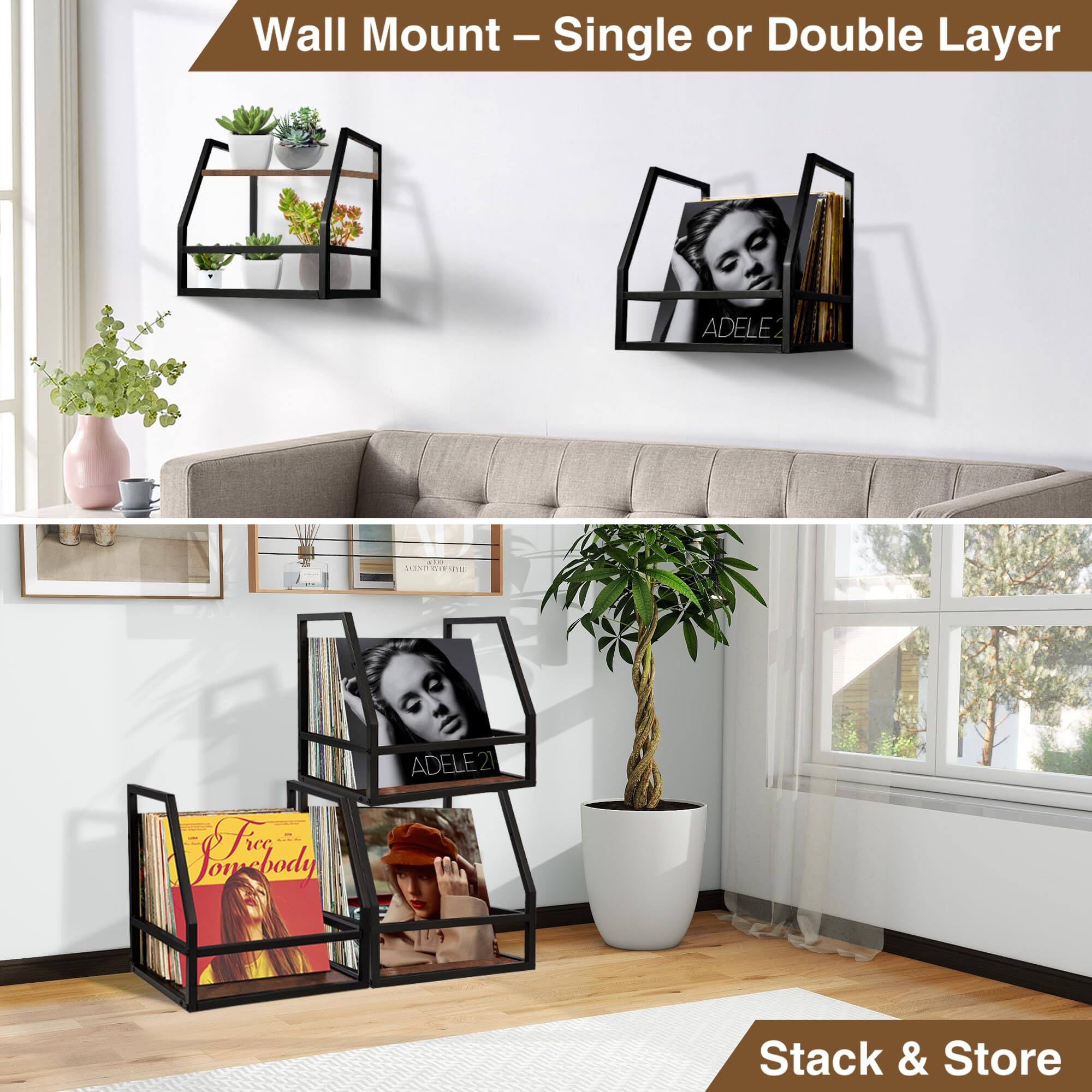 Dapper Styles 2 In 1 Vinyl Record Storage Crate Wood Lp Holder Wall ...