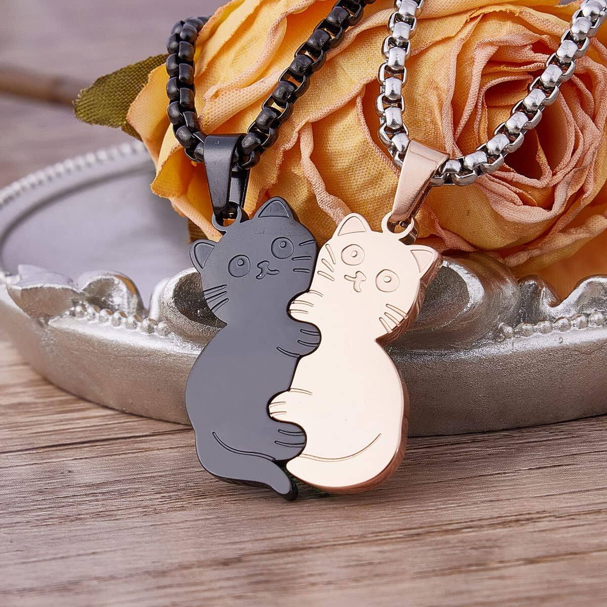 Live At Space Cat Couple Necklace Set Cute Hugging Puzzle Pendants for ...