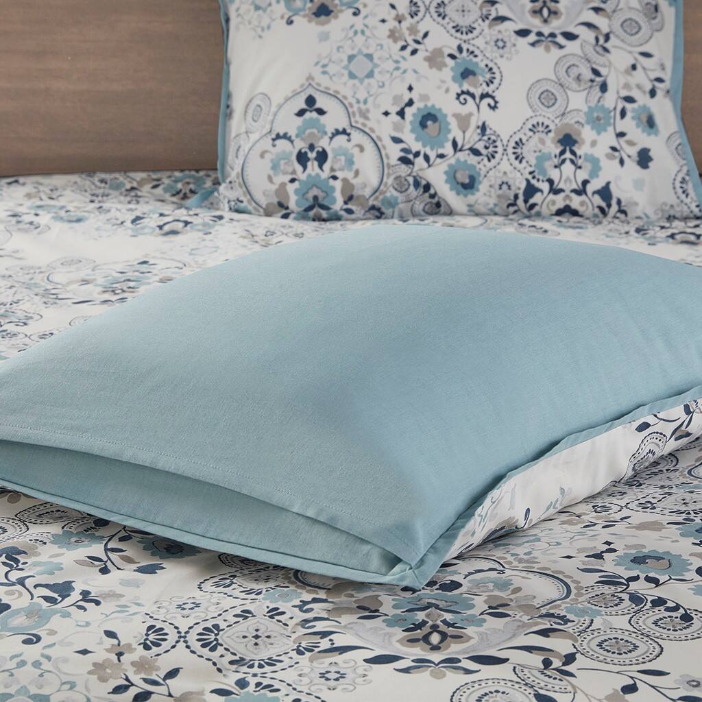 Gracie Mills Candice 3 Piece Floral Printed Cotton Duvet Cover Set Blue ...