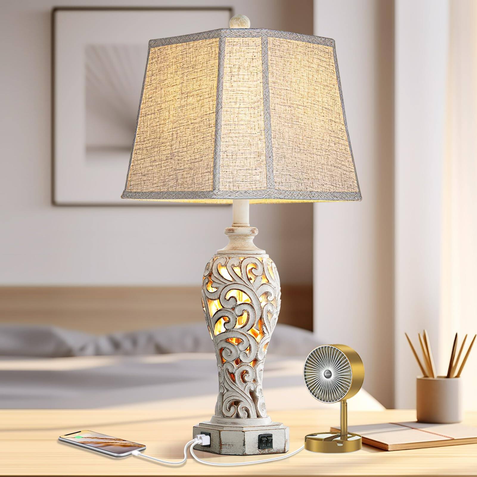 HM 1810 Farmhouse Table Lamp Living Room Bedroom USB Ports Vintage ...
