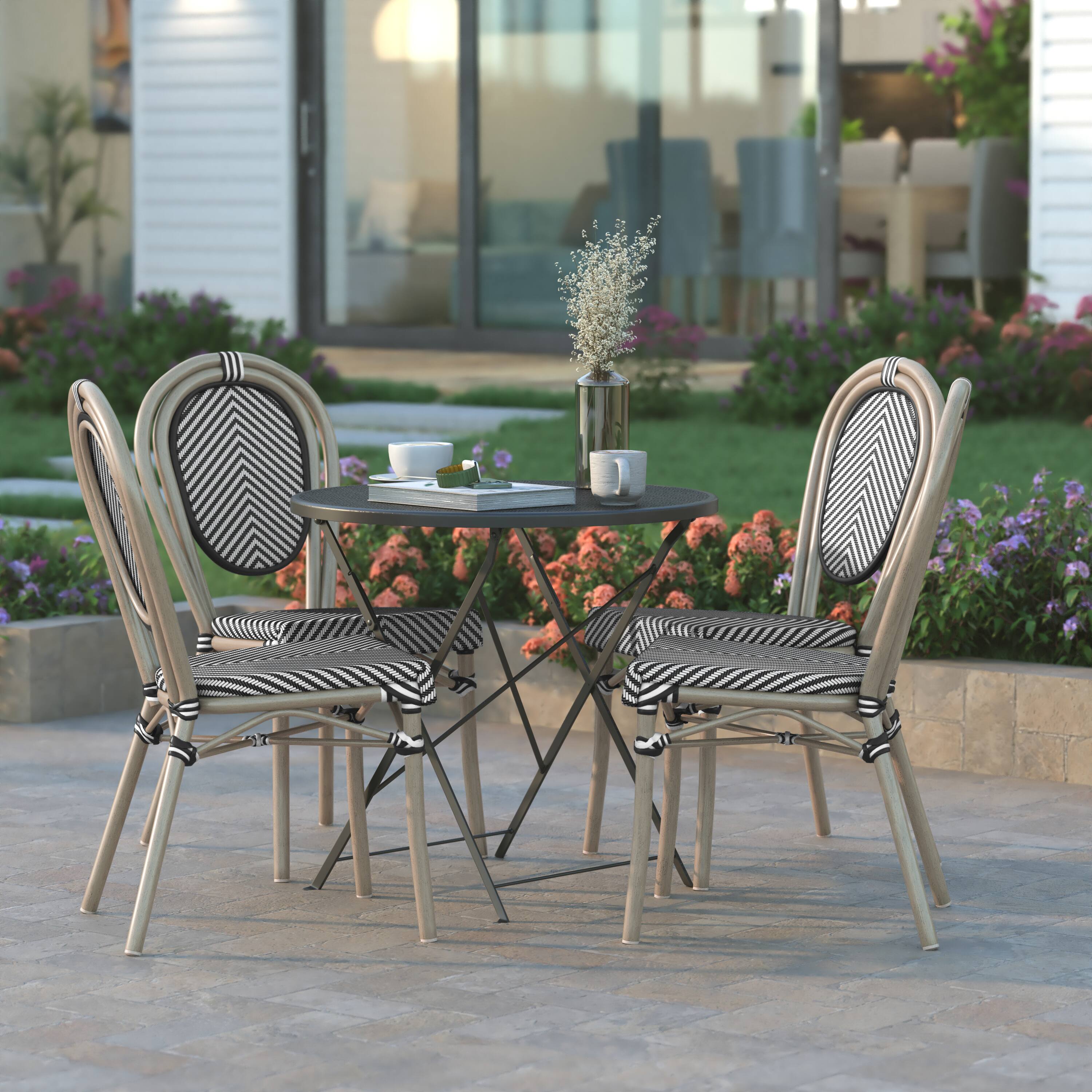 Emma + Oliver 4 Pack Stacking Bistro Chair with Bamboo Print Metal ...