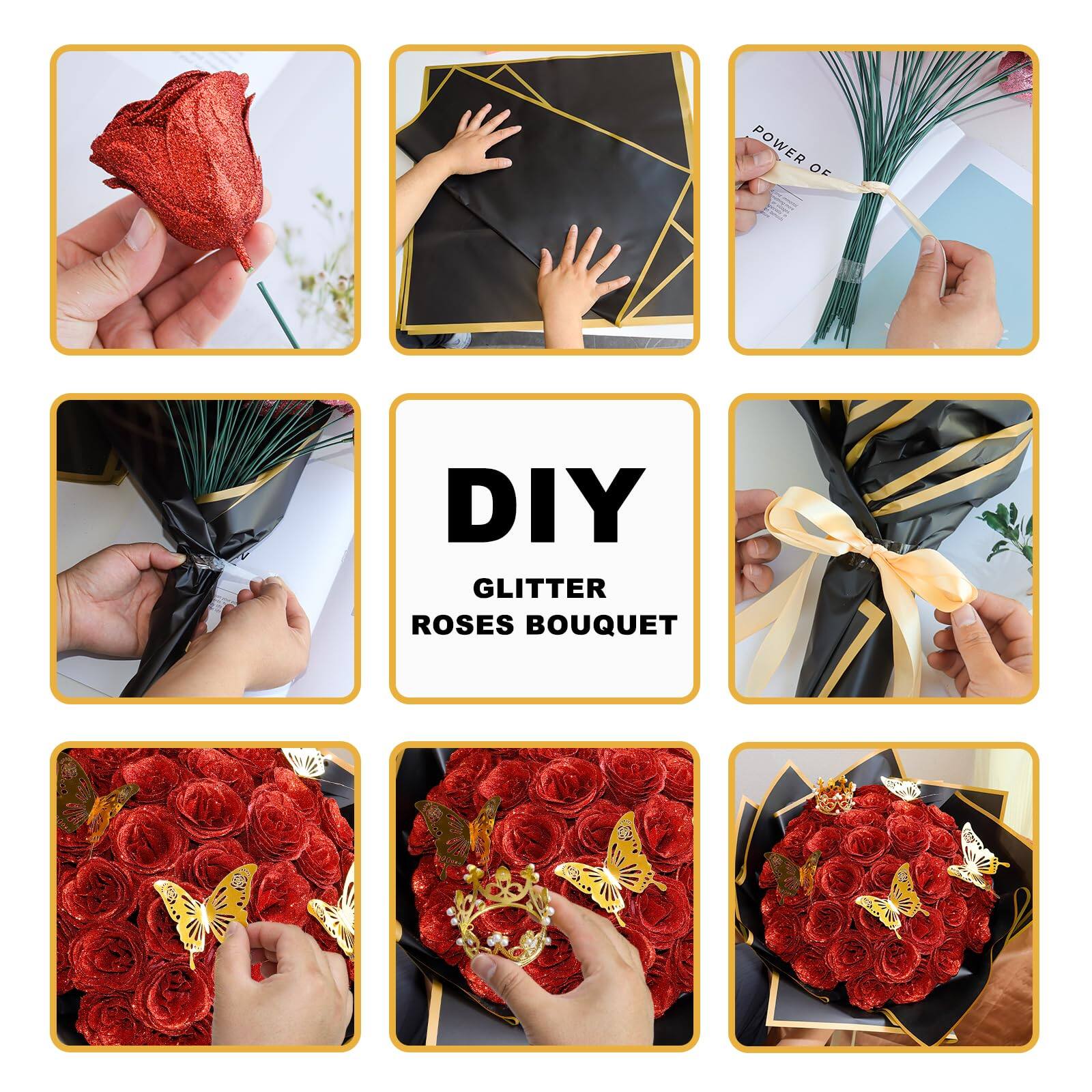 Stylel Star Diy Glitter Roses Bouquet Red Artificial Rose Kit Shiny ...