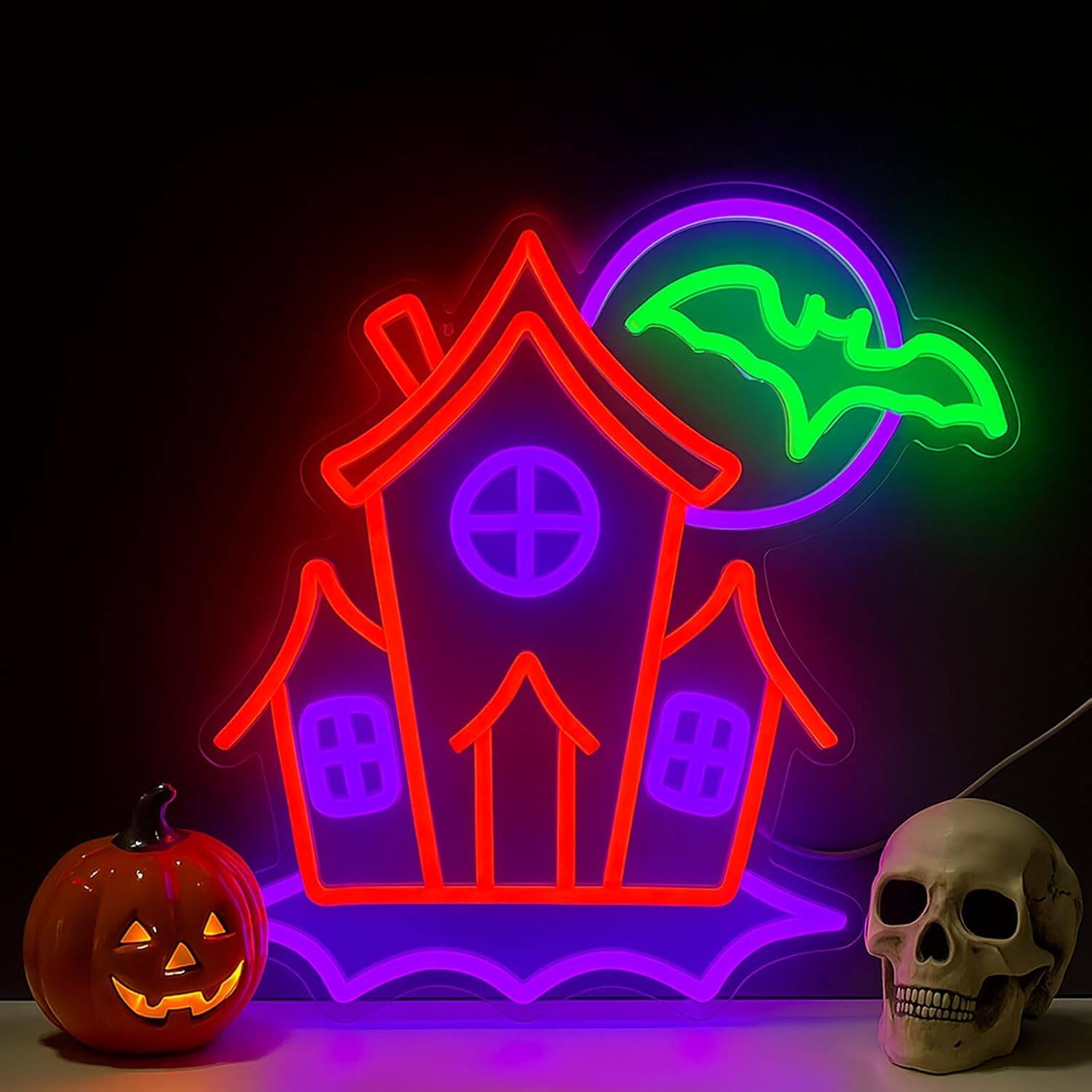 Auledio Halloween Neon Sign – Haunted House with Bats LED Neon Light ...