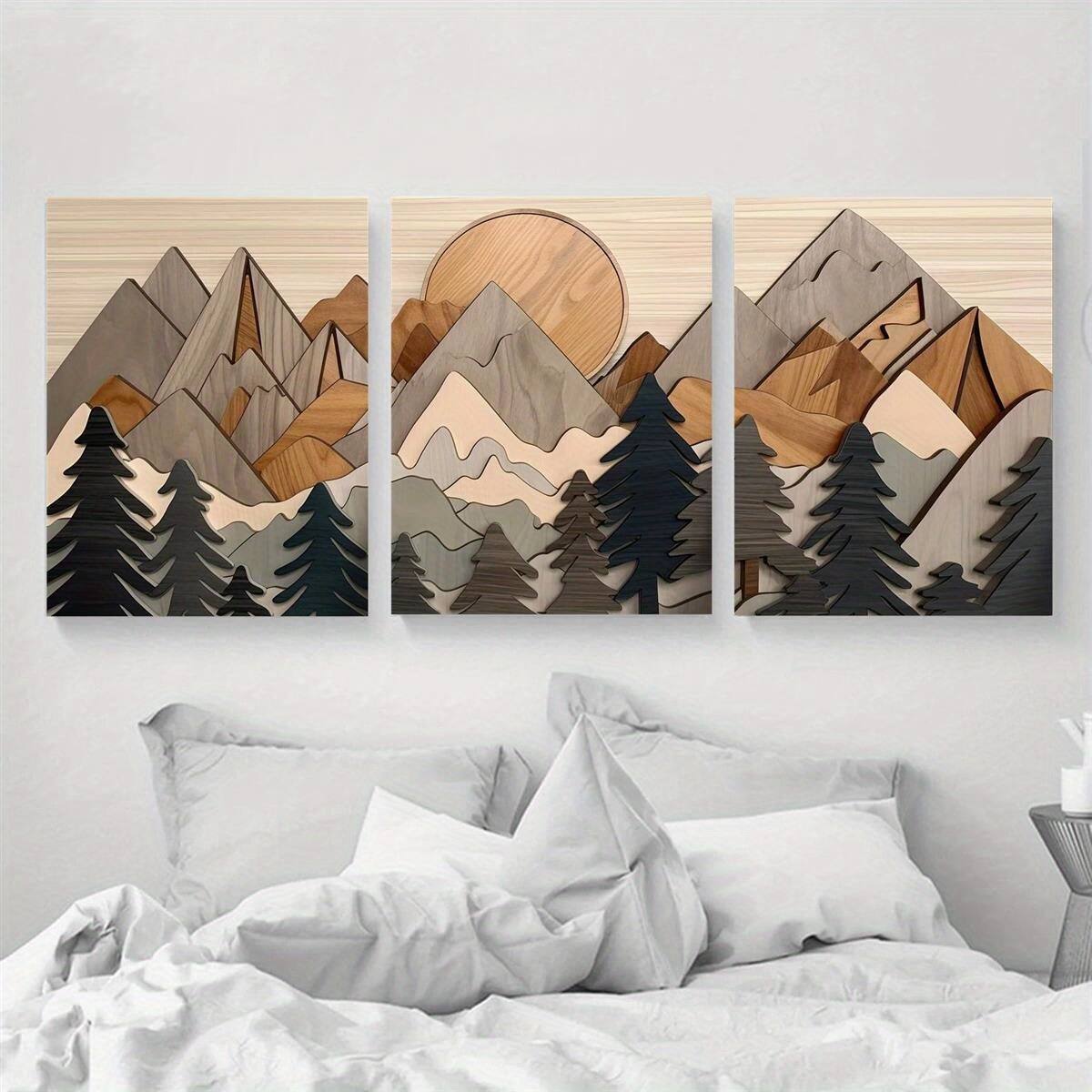 blue 3pcs Wood Frame Wooden mountain murals, rural wood effect art ...
