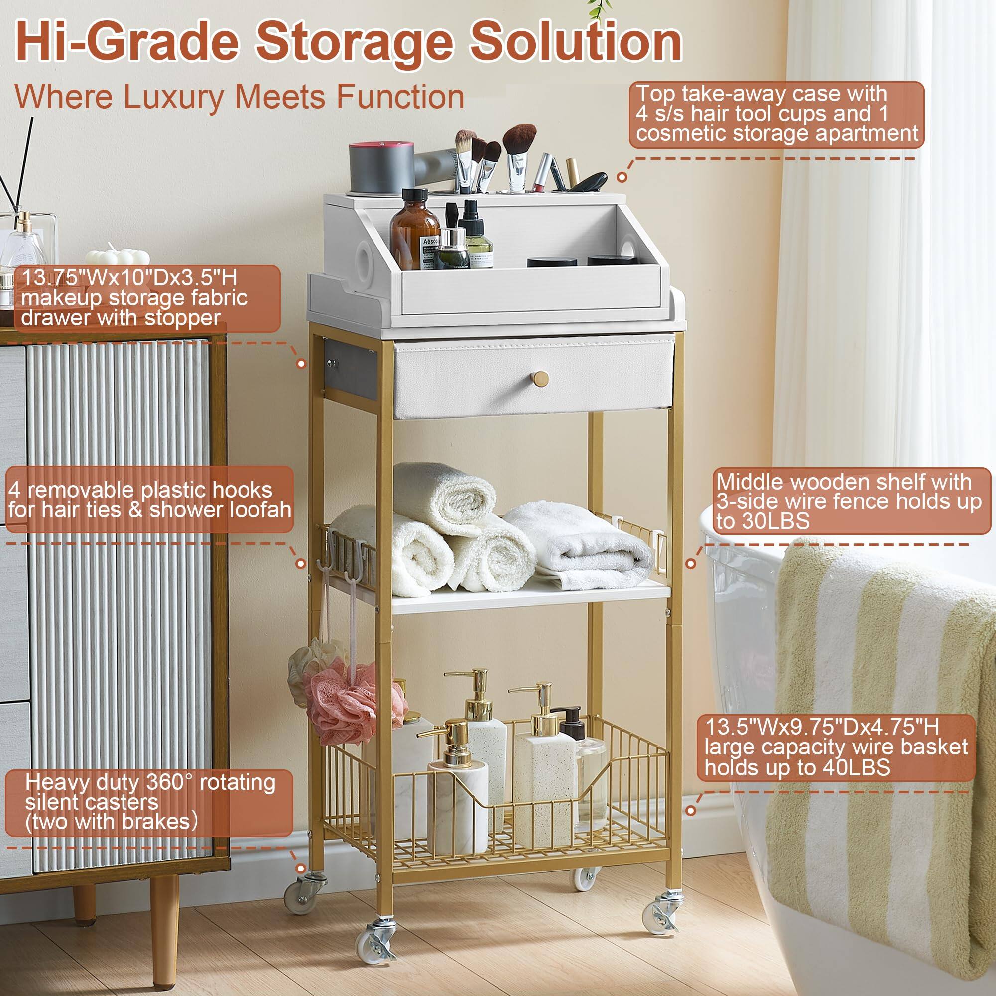 The Best Inks Makeup Organizer Cart With Drawer 2 in 1 Rolling Hair Tool Holder Vanity Storage ...