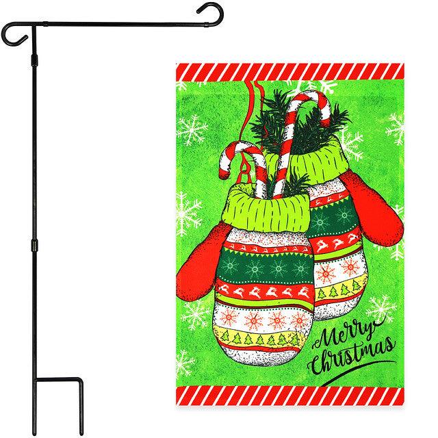 G128 Merry Christmas Mittens Garden Flag with 36 x 16 in Metal Stand ...