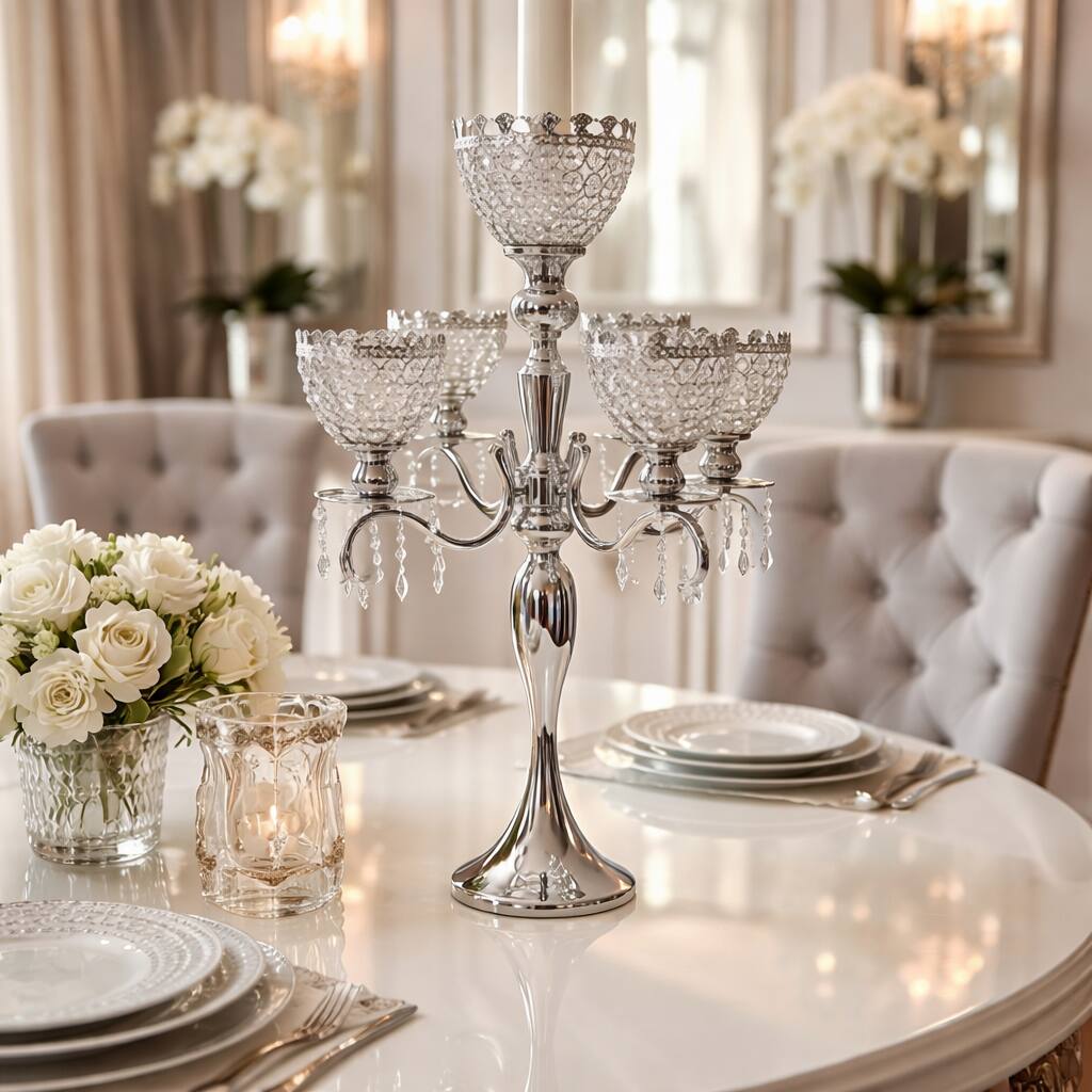 FC Design 28"H Silver Five Arm Frame w/ Faceted Crystal Cups Candle ...