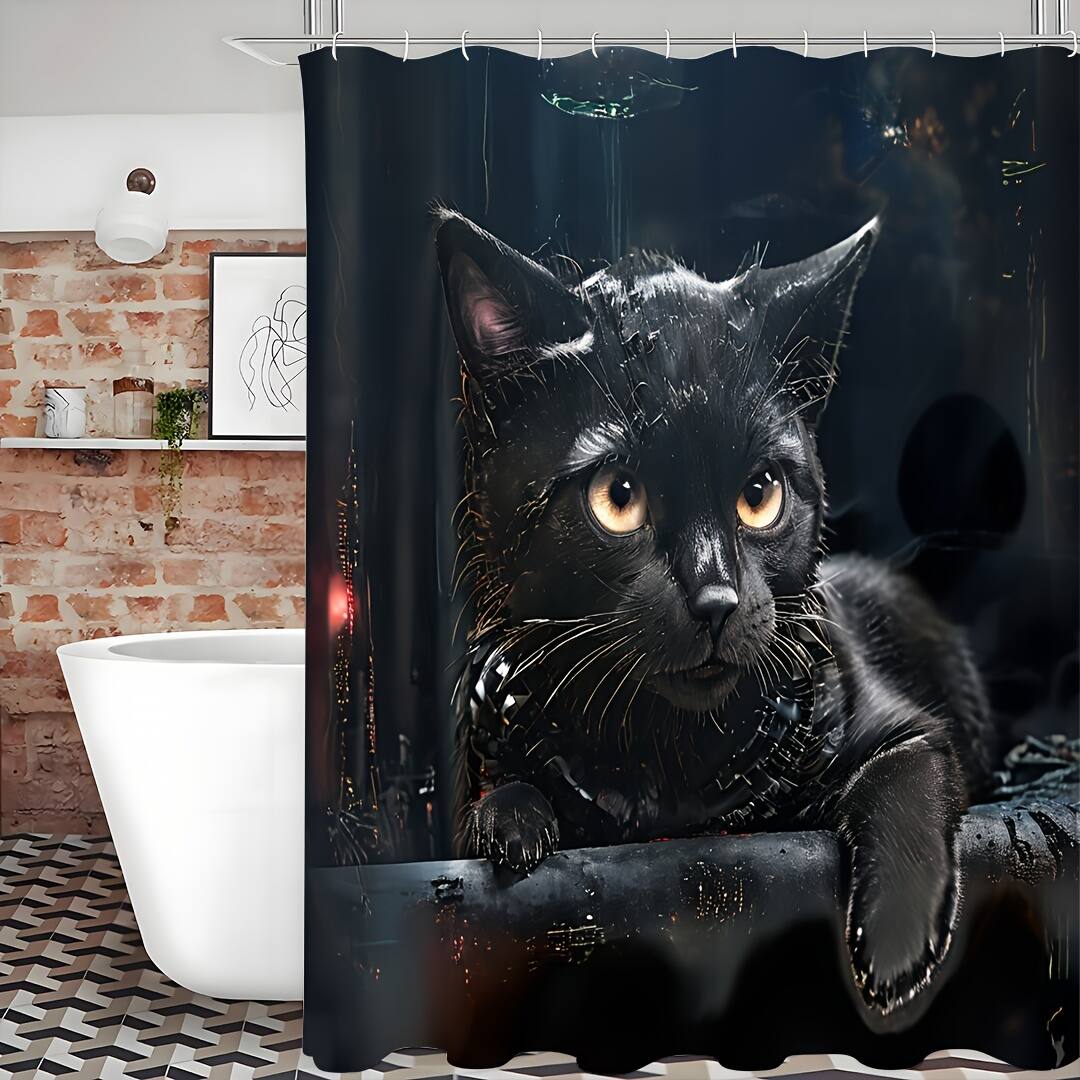 blue 1pcs Cute Cat Shower Curtain, Waterproof Shower Curtain With 12 ...