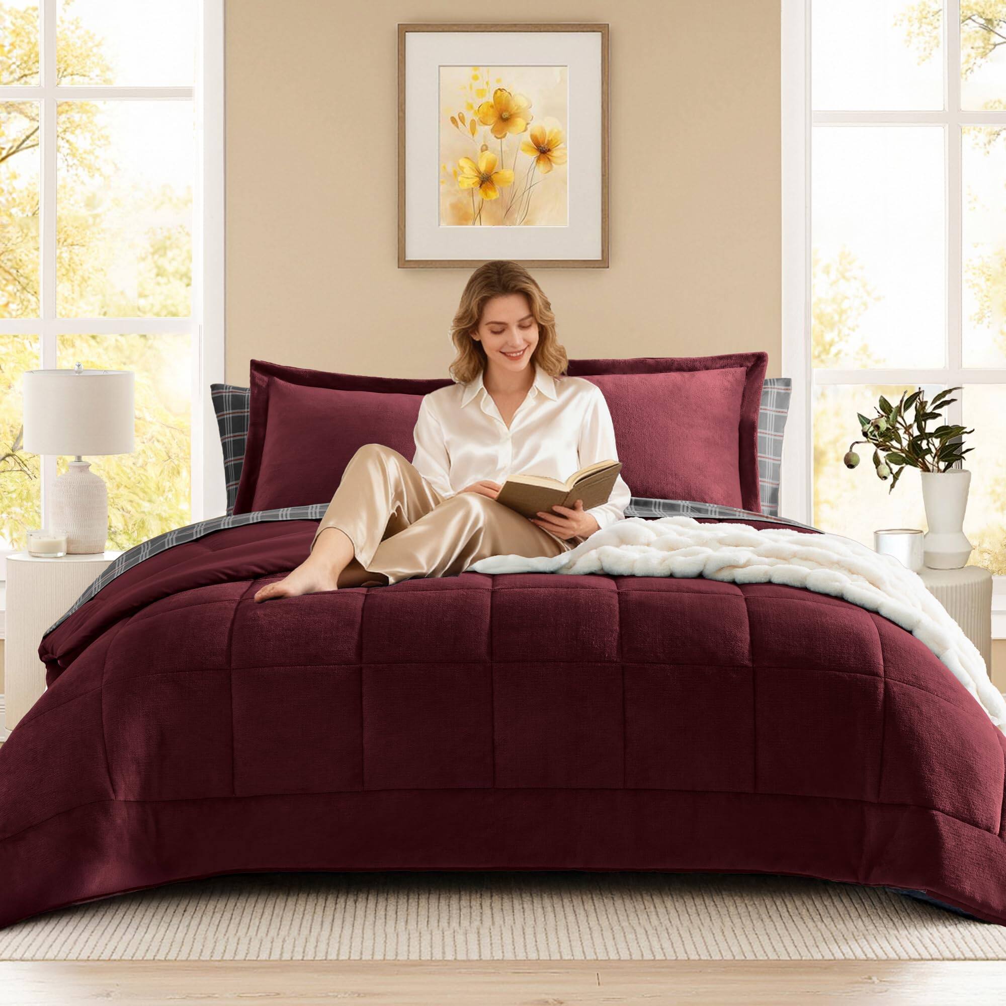 Paradigms Interiors Plush Comforter Set Light Burgundy Flannel Sets 7 ...
