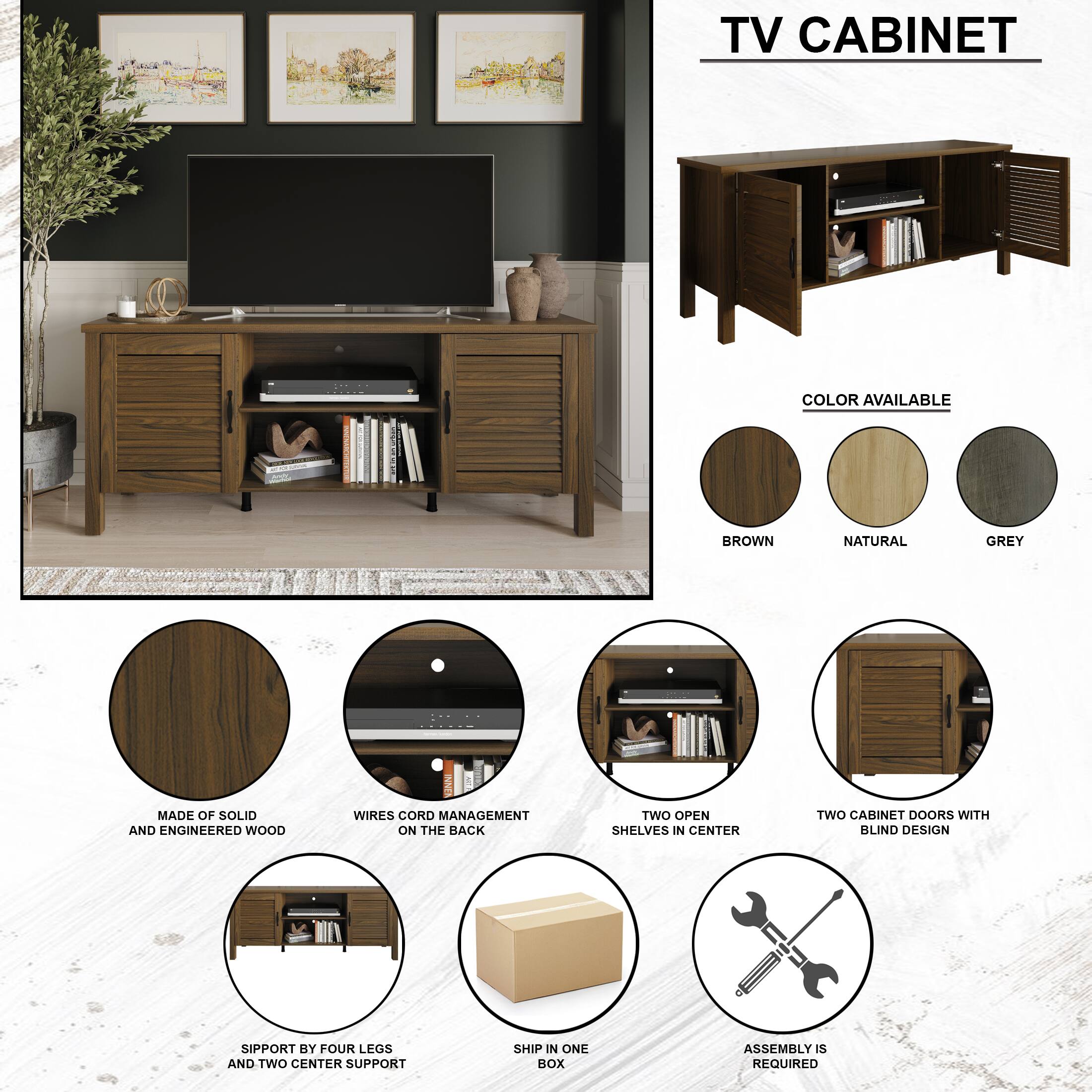 ChaletPosh Elegant Transitional TV Stand with Concealed Storage Doors ...