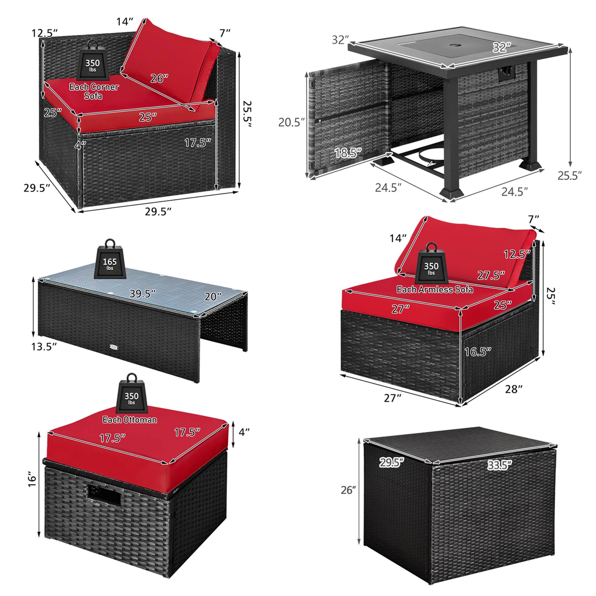 Costway 9 PCS Patio Furniture Set with 32" Fire Pit Table 50,000 BTU ...