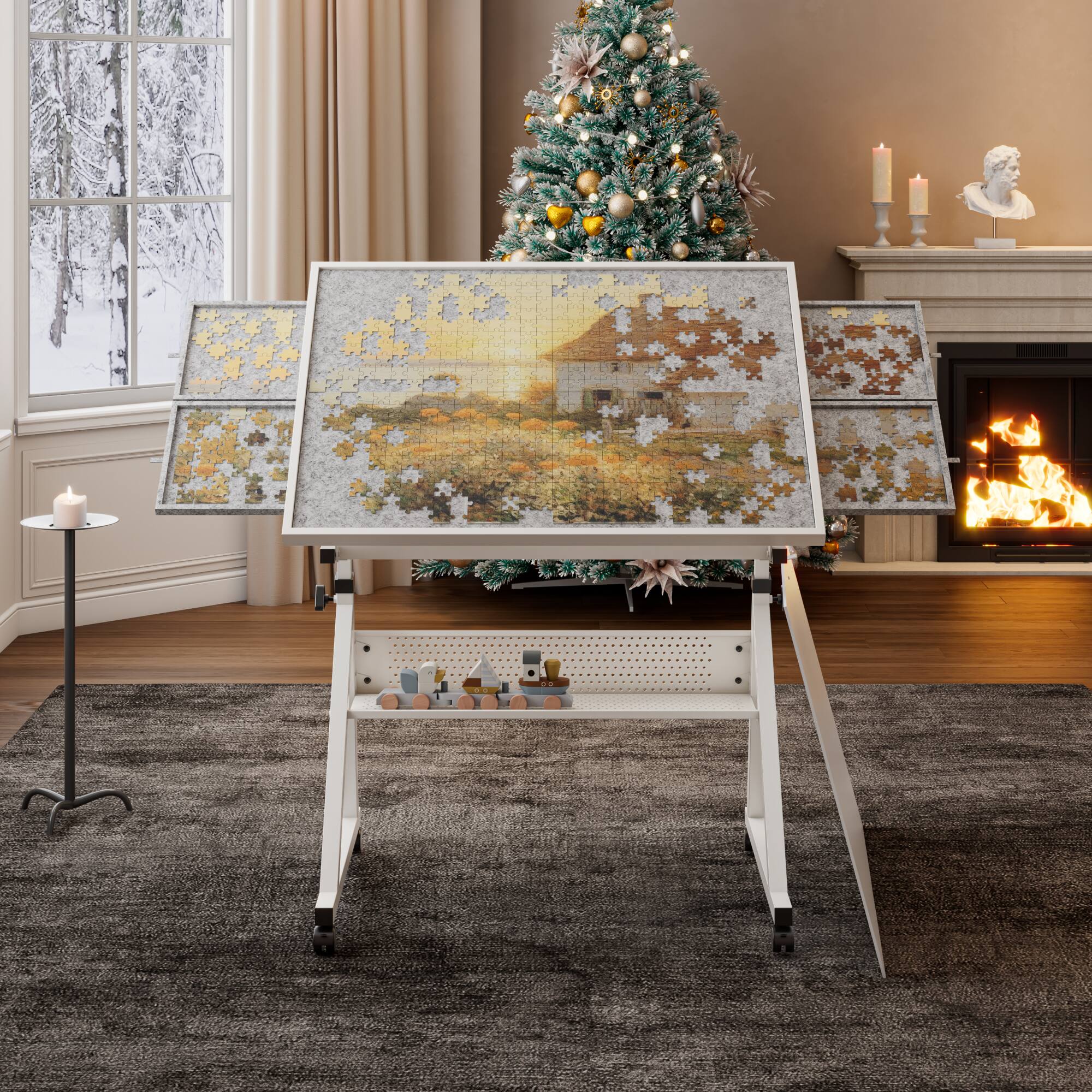 GOODSILO Adjustable Height Puzzle Table with Storage Trays and Rolling ...