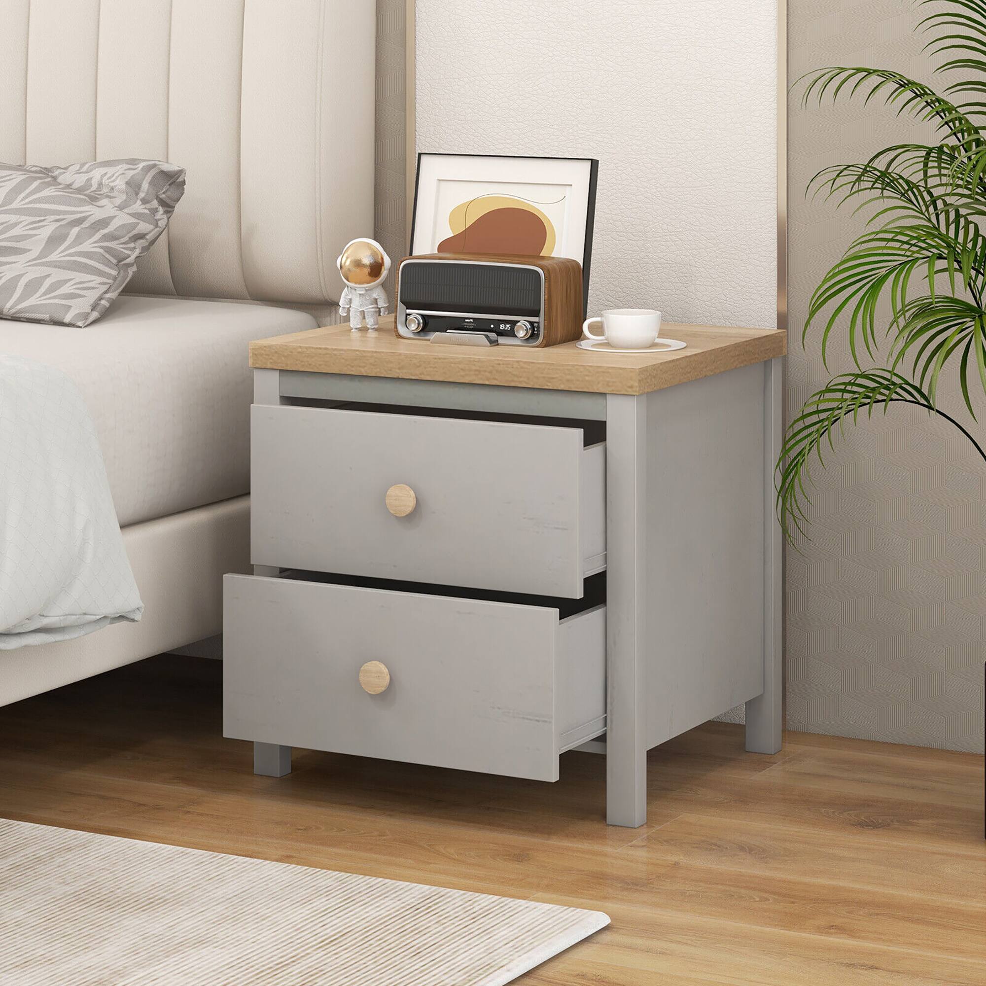 Gymax Nightstand Farmhouse Side End Table w/ Solid Wood Legs & 2 ...