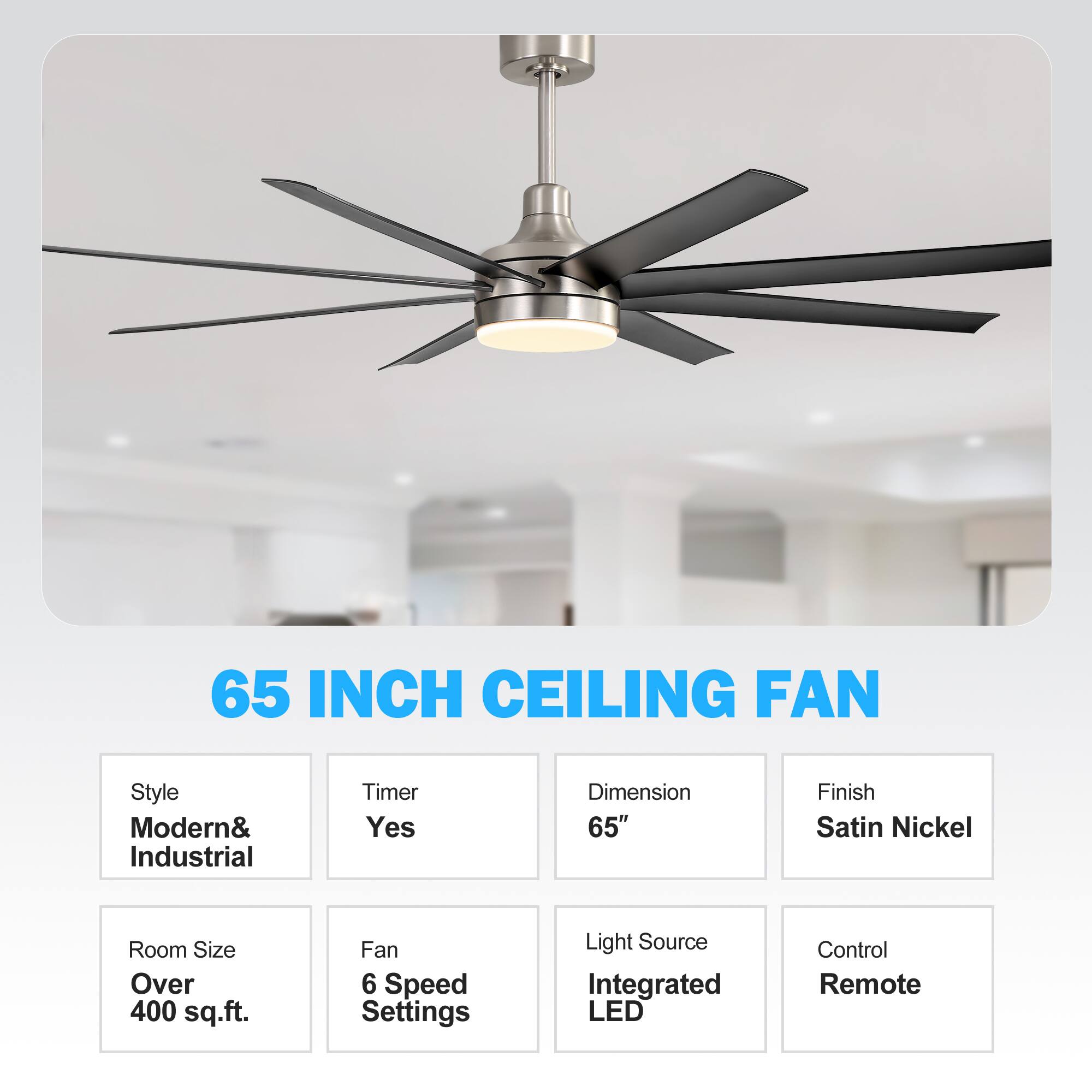 Breezary 65 Inch Ceiling Fan with 8 ABS Blades, 6 Speed DC Motor ...