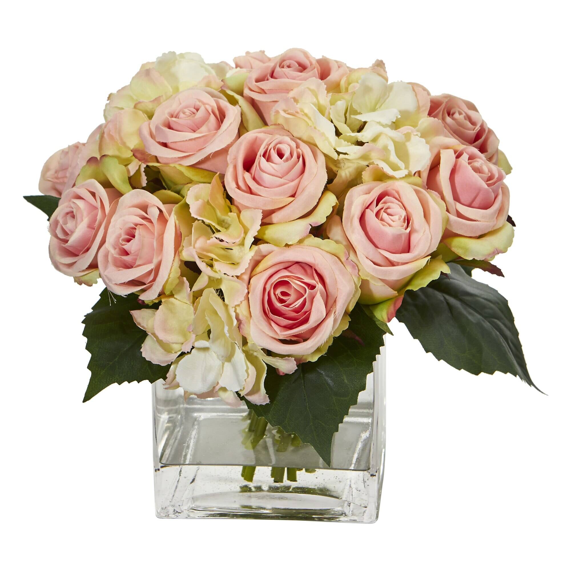 BreeBe 9" Rose and Hydrangea Bouquet Artificial Arrangement in Vase ...