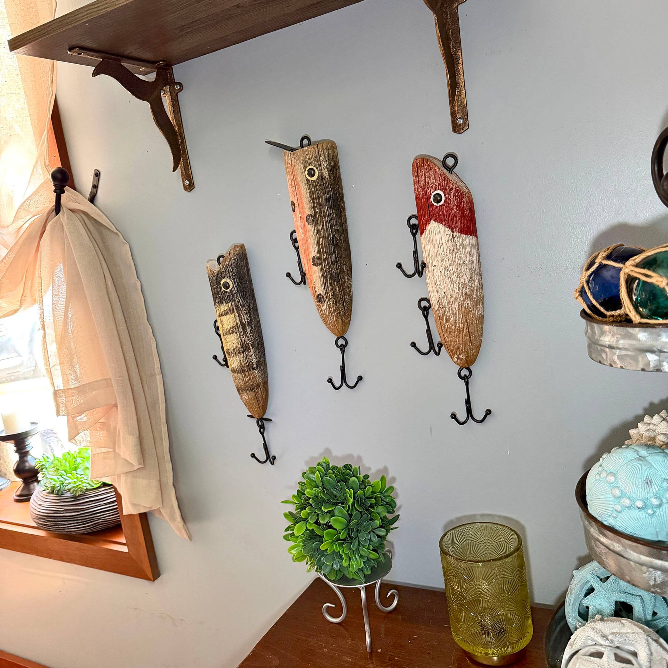 Zeckos Fishing Lure Wall Hook Sculptures Set of 3 Vintage Wood Metal 13 ...