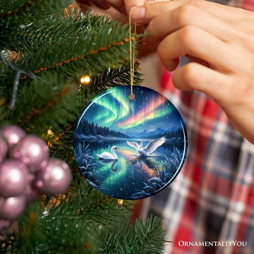 OrnamentallyYou Graceful Aurora White Swans Ceramic Ornament, Northern ...