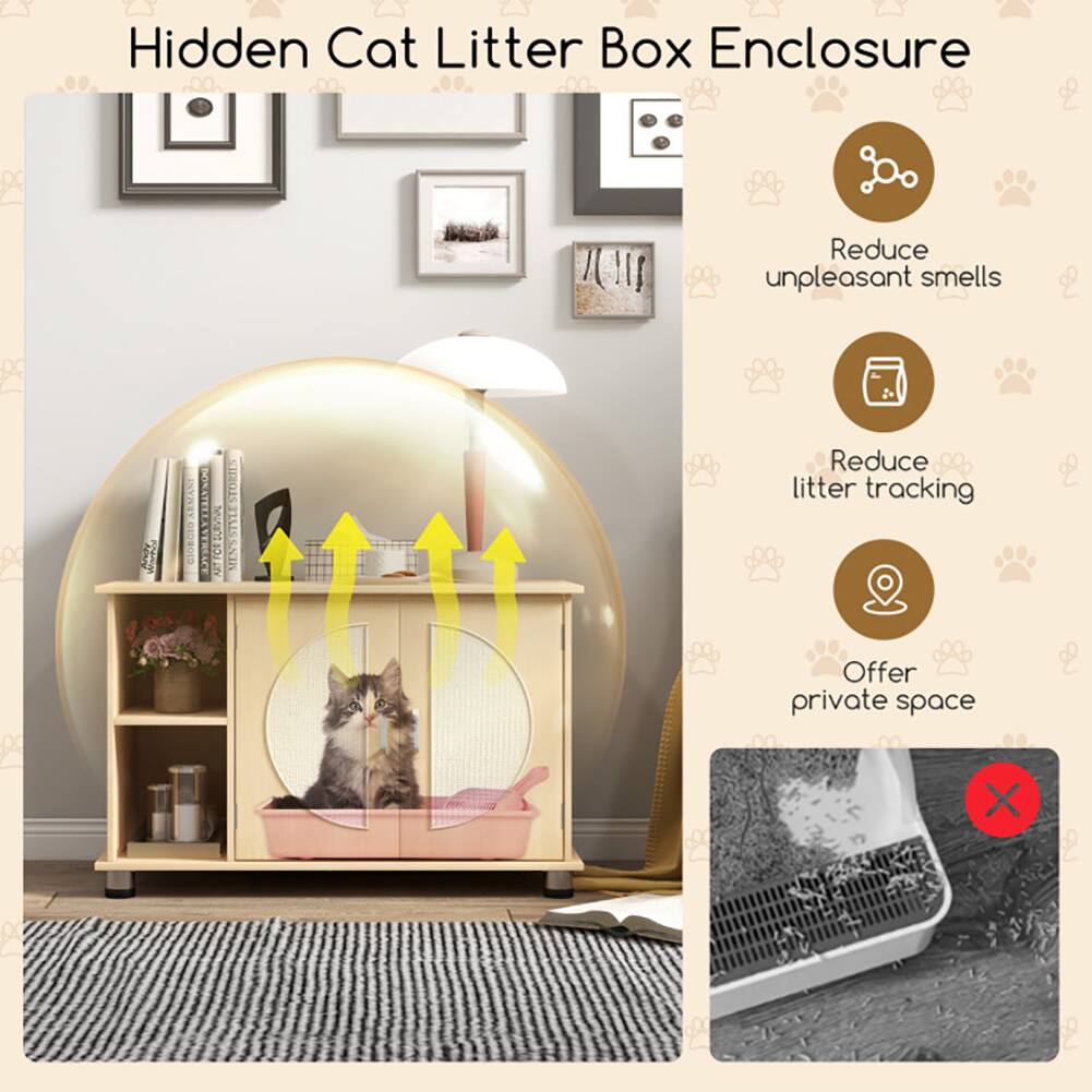 Pefilos Cat Litter Box Enclosure with Sisal Scratching Doors and ...