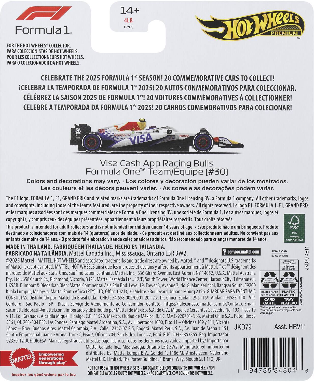 Mattel Hot Wheels Premium Visa Cash App Racing Bulls Formula 1 Team #30 ...